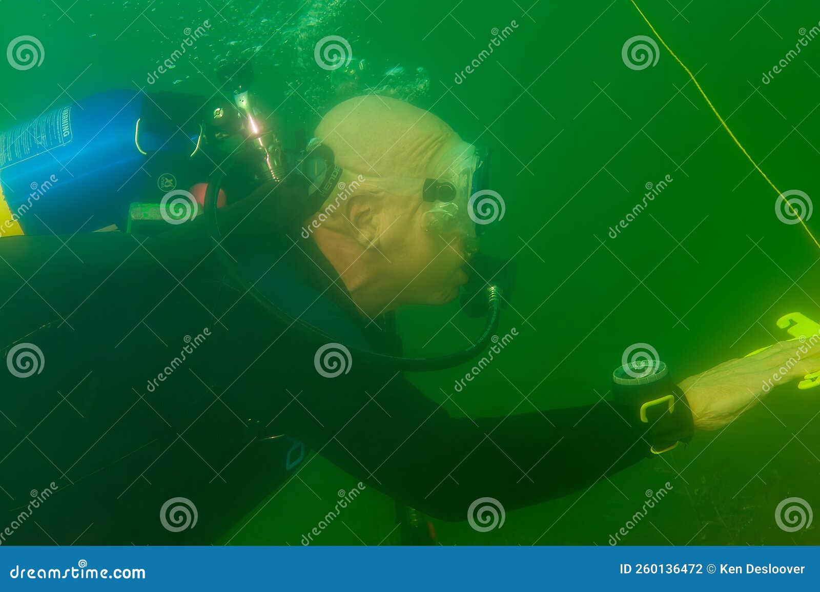 A Bald SCUBA Diver Exploring a Murky Inland Lake with Dive Flag Line in ... A Bald SCUBA Diver Exploring a Murky Inland Lake with Dive Flag Line in ...