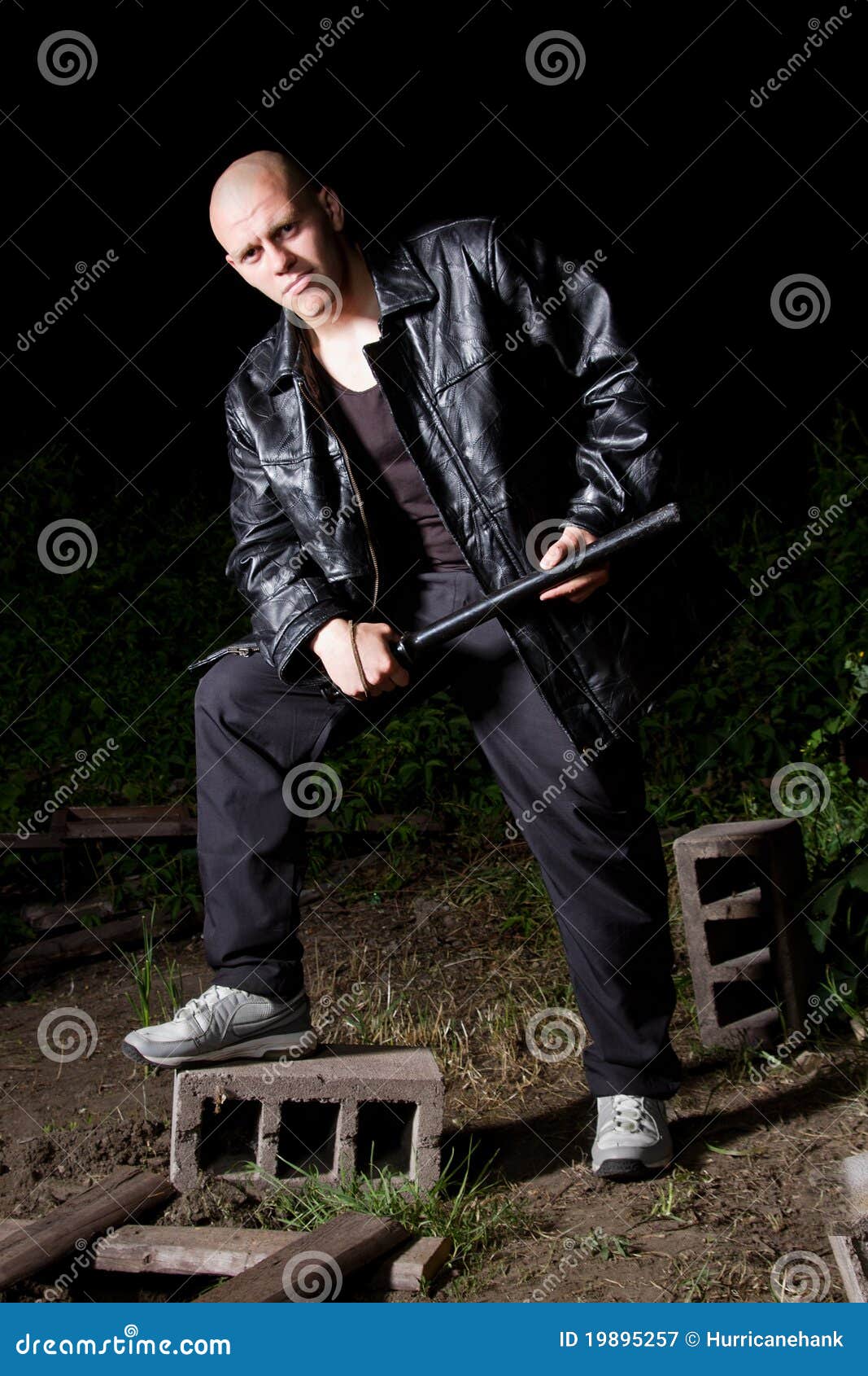 Bald Thug Armed with Baton Outdoors at Night Stock Image - Image of ...