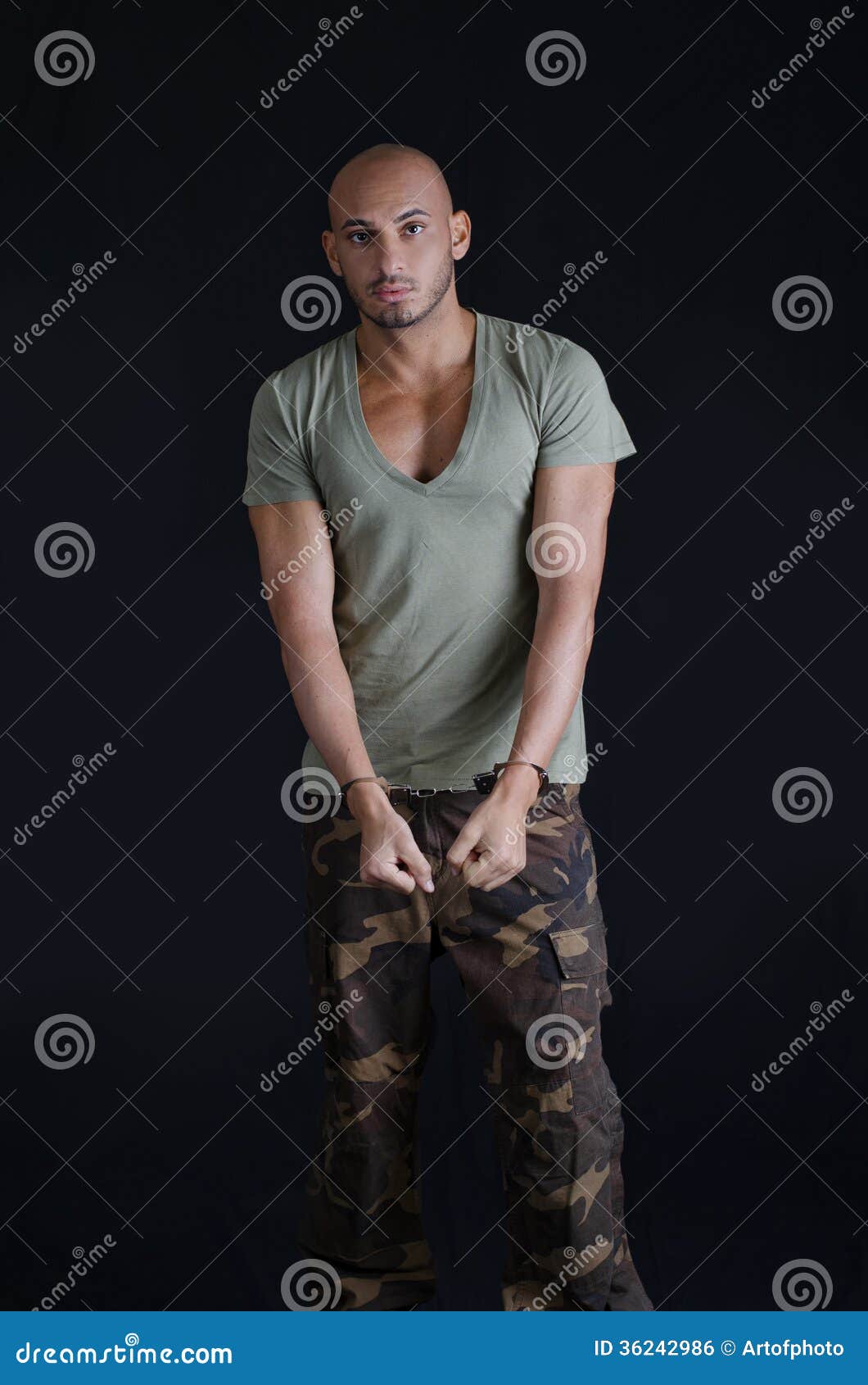 Bald Young Man with Handcuffs Stock Photo - Image of cuff, custody ...