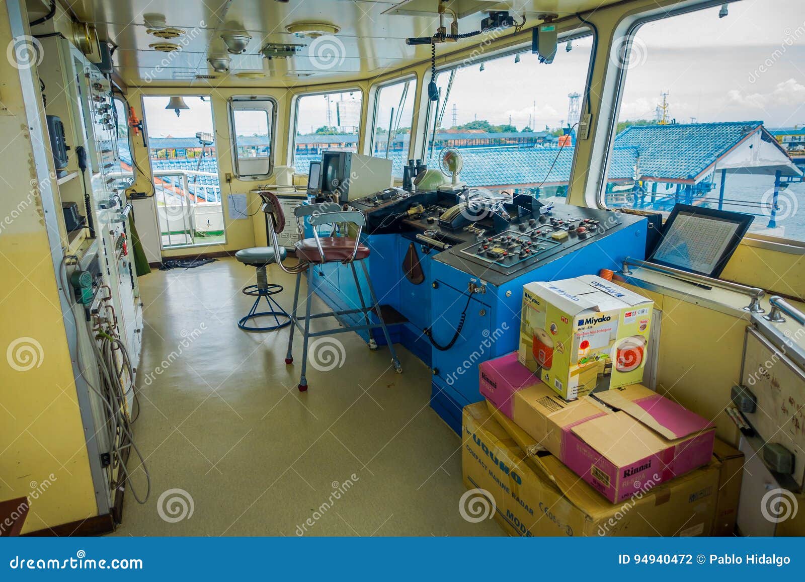 BALI, INDONESIA - APRIL 05, 2017: Ferry Boat Pilot Command Cabin with ...