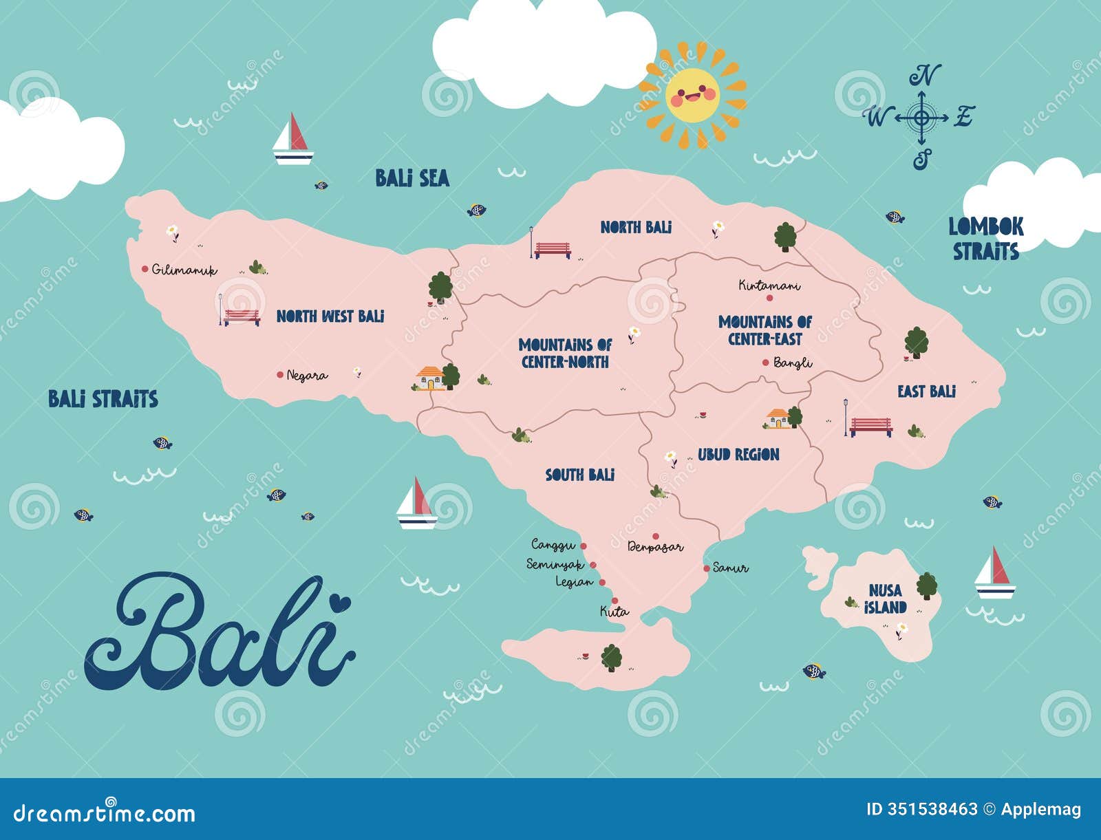Colorful Indonesia Province, Bali Map Featuring State Names. Stock ...