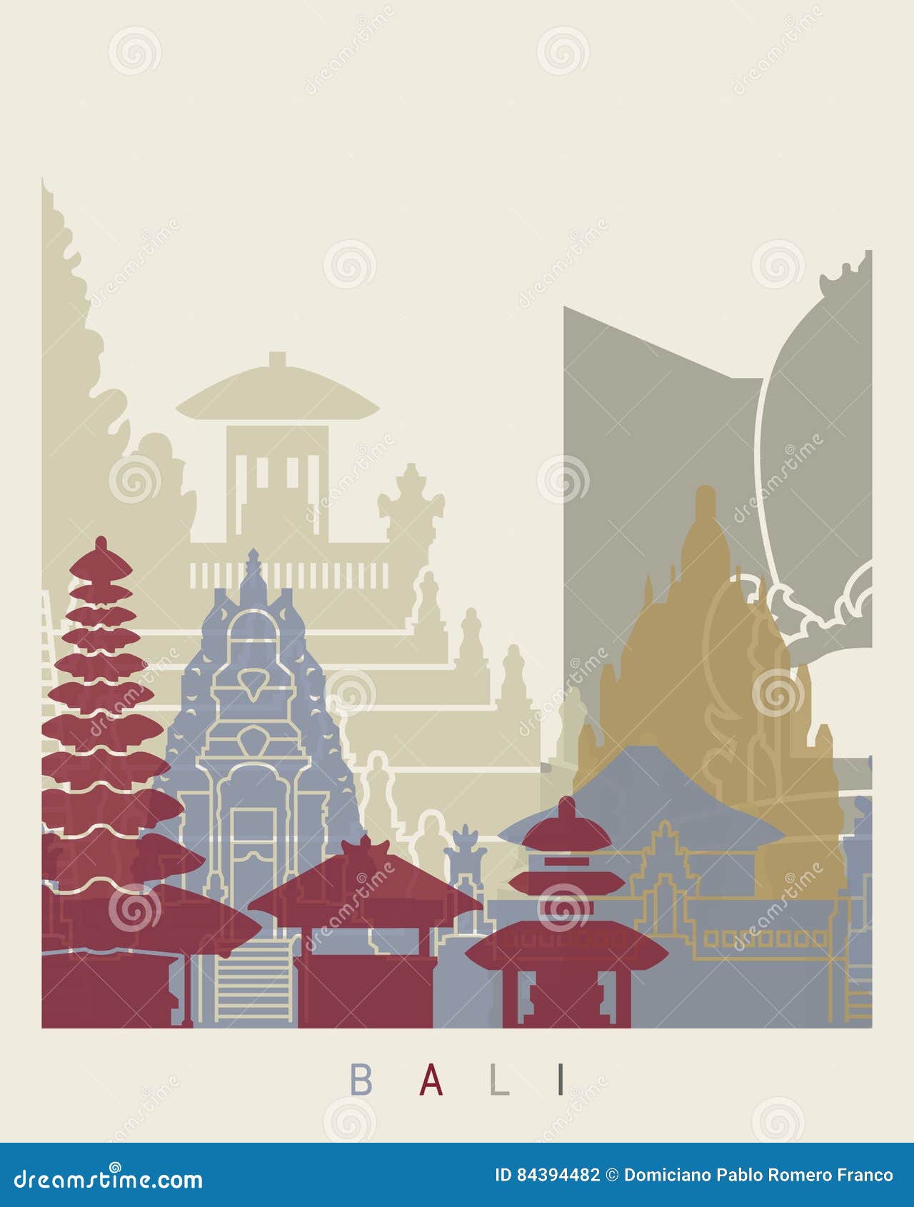 Bali skyline poster stock vector. Illustration of colorful - 84394482