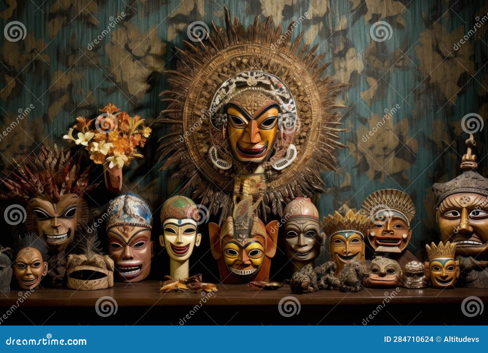 Balinese Masks Surrounded by Cultural Artifacts Stock Illustration ...