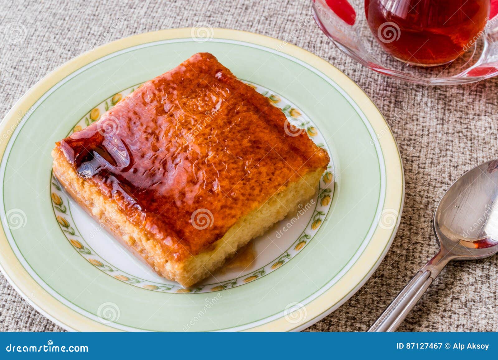 Balkan Dessert Cake Trilece with Caramel Sauce and Tea. Stock Image ...