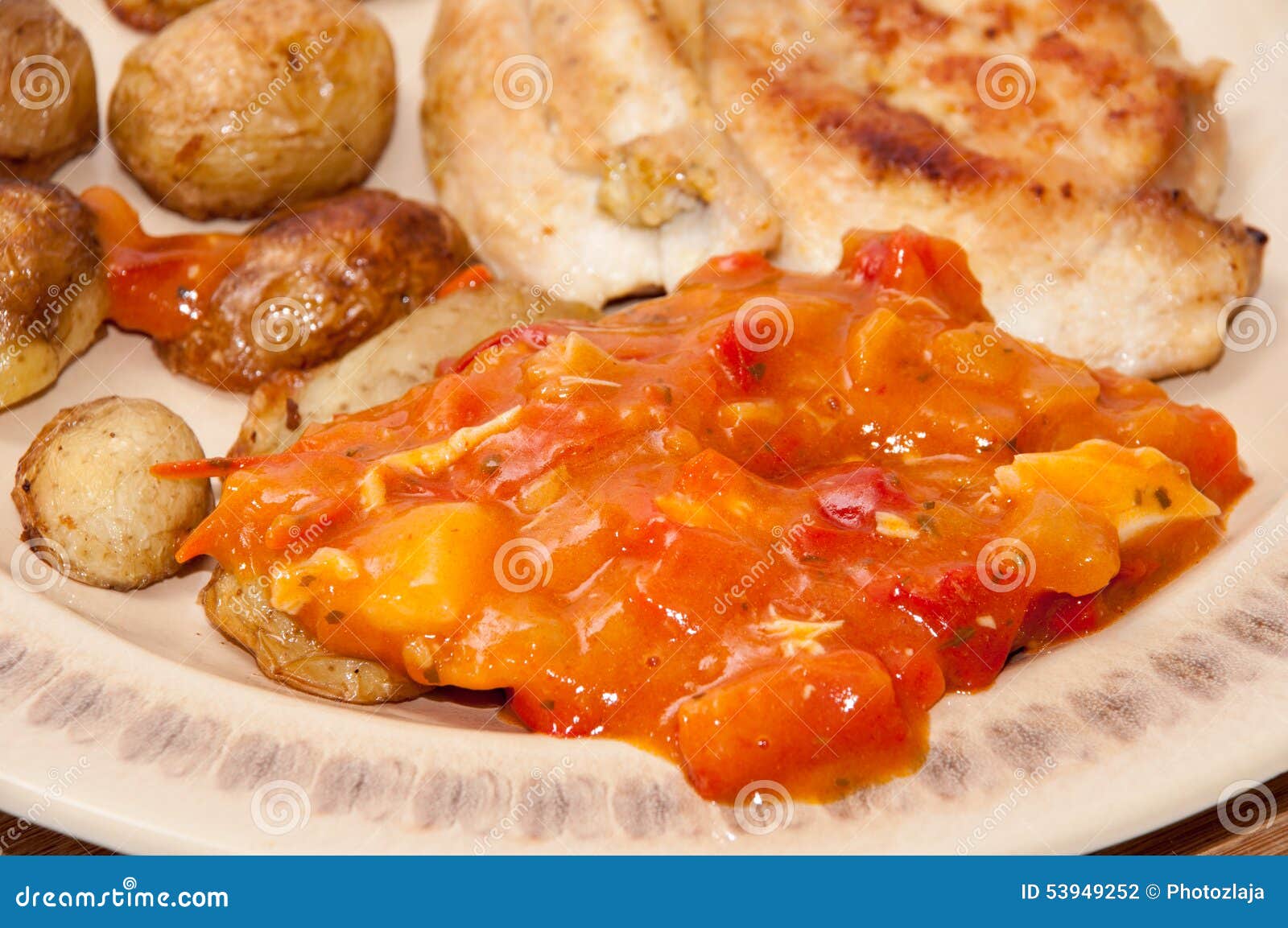 Balkan Tomato Stew with Fried Chicken and Pork Meat Stock Photo - Image ...