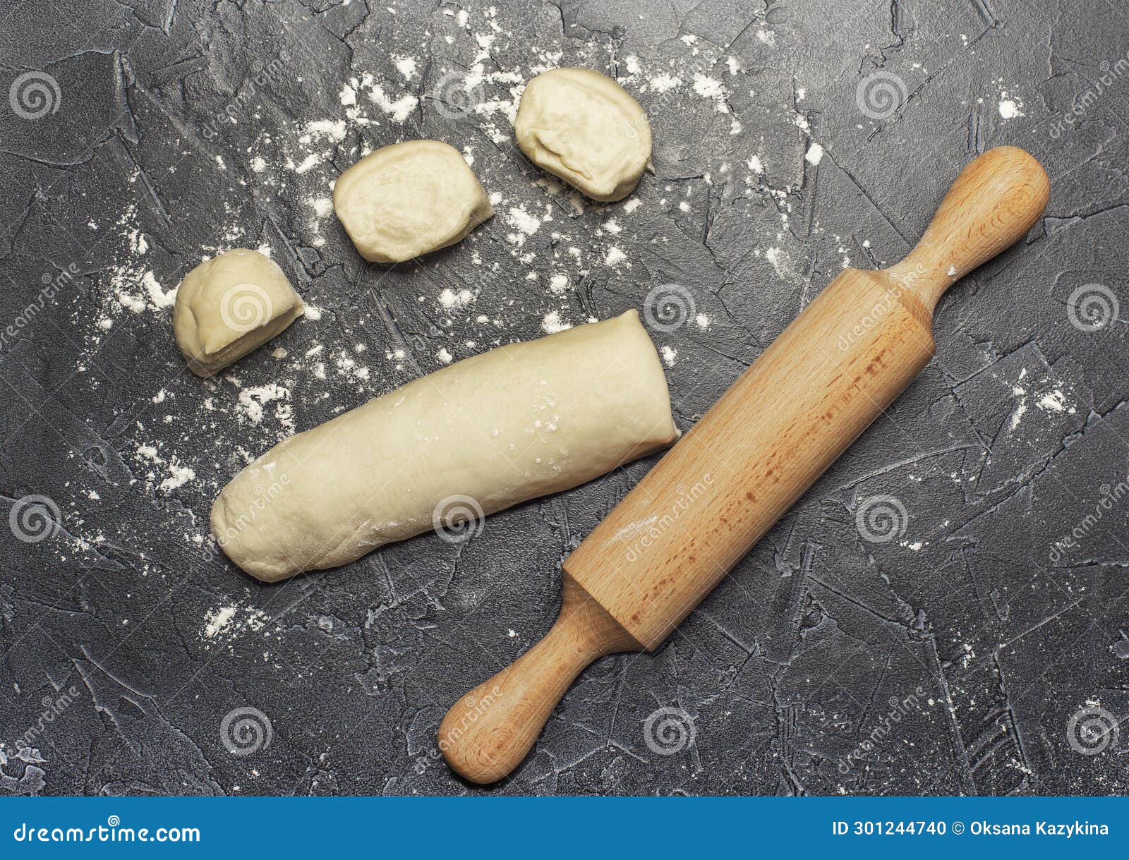 Ball of Fresh Raw Dough, Flour and Rolling Pin Top View Stock Photo ...