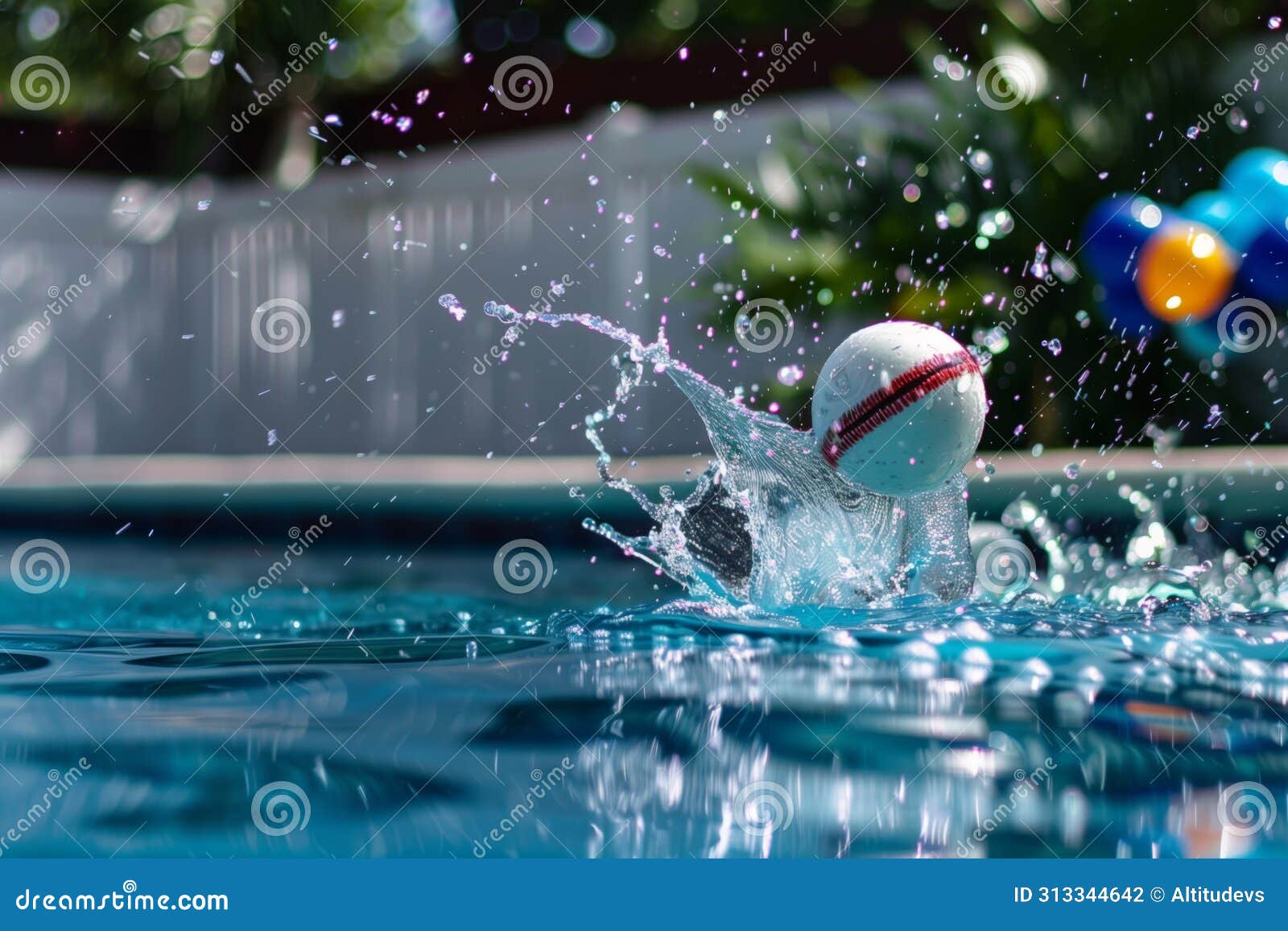 Ball Hitting Water Surface with Splash in Backyard Pool Stock Photo ...