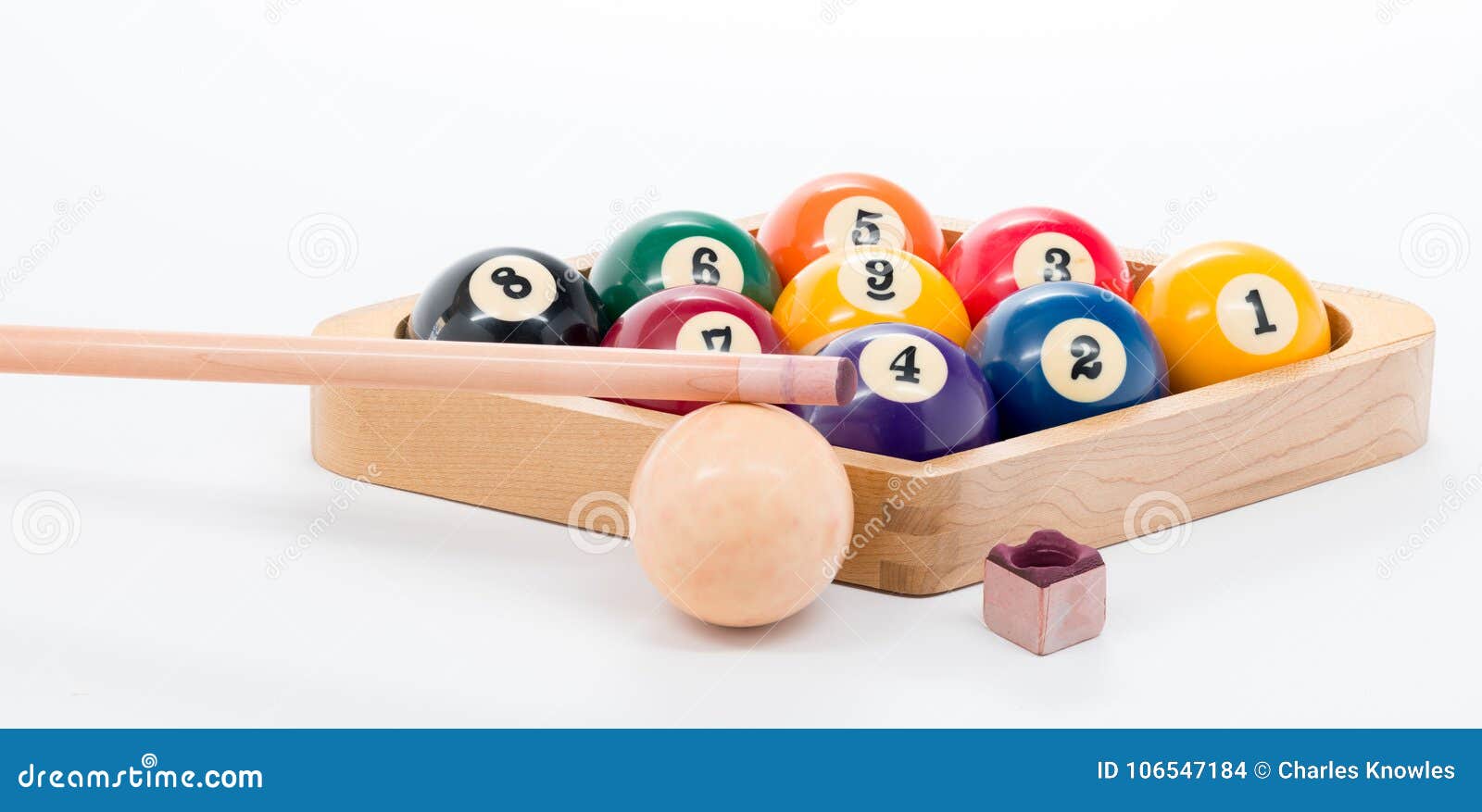 9 Ball Pool Rack with Queue and Chalk Stock Photo - Image of rack, pool ...