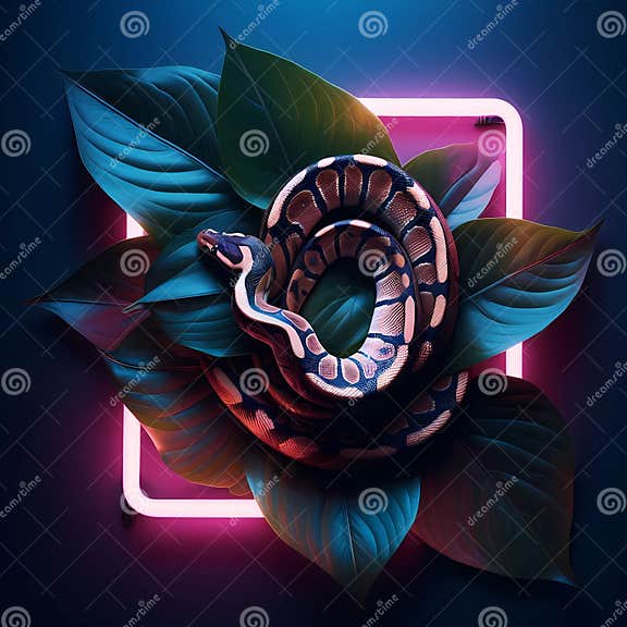 A Ball Python Coils on Lush Green Leaves Illuminated by Glowing Neon ...