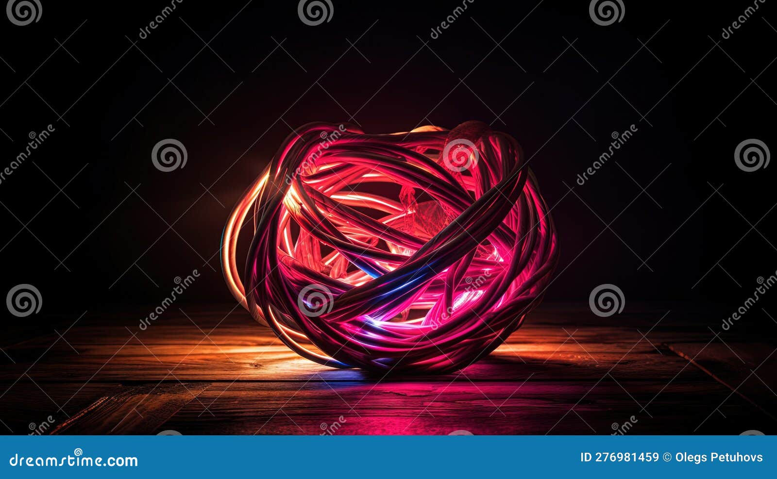 A Ball of String Wrapped in Pink and Blue Lights on a Wooden Floor ...