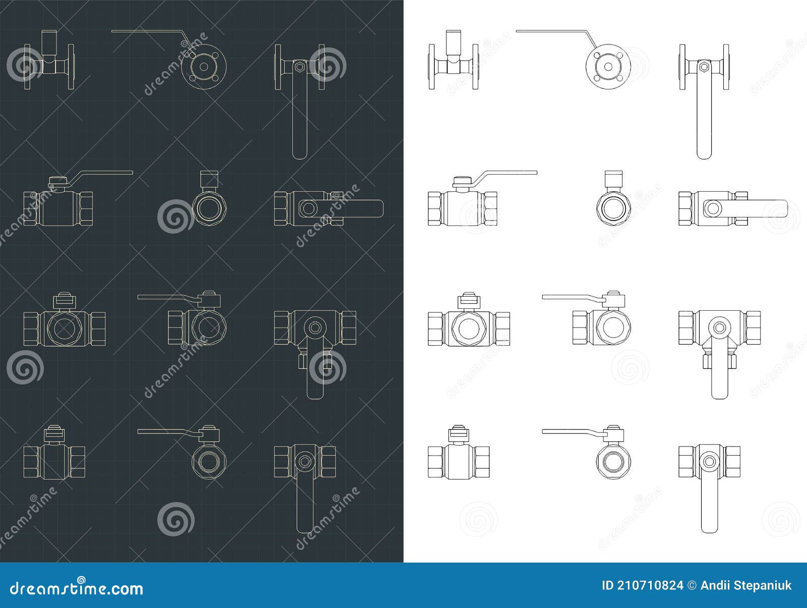 Ball Valves Blueprints Set stock vector. Illustration of isolated ...