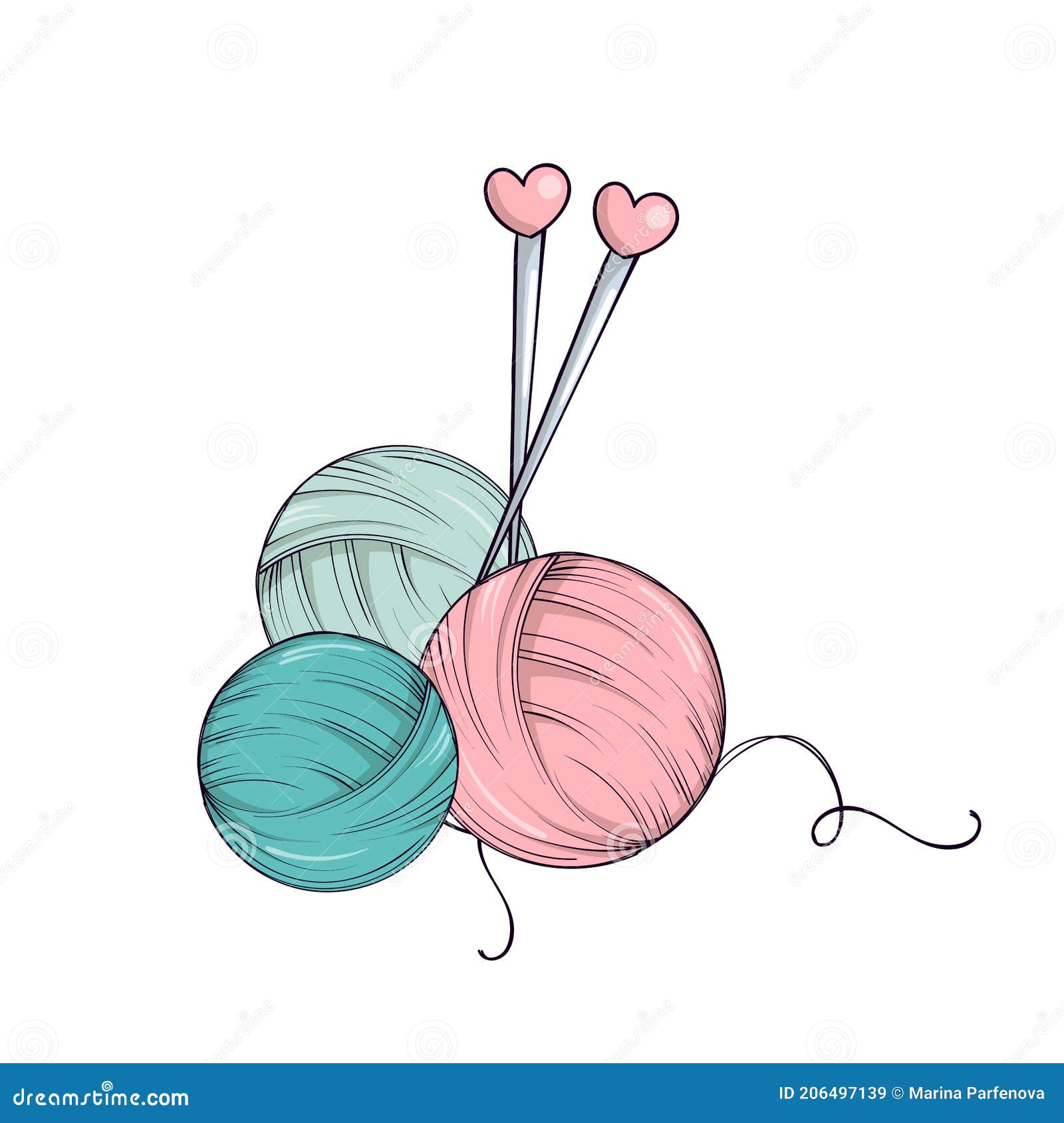 Ball of Yarn and Needles in Doodle Style Isolated on White Background ...