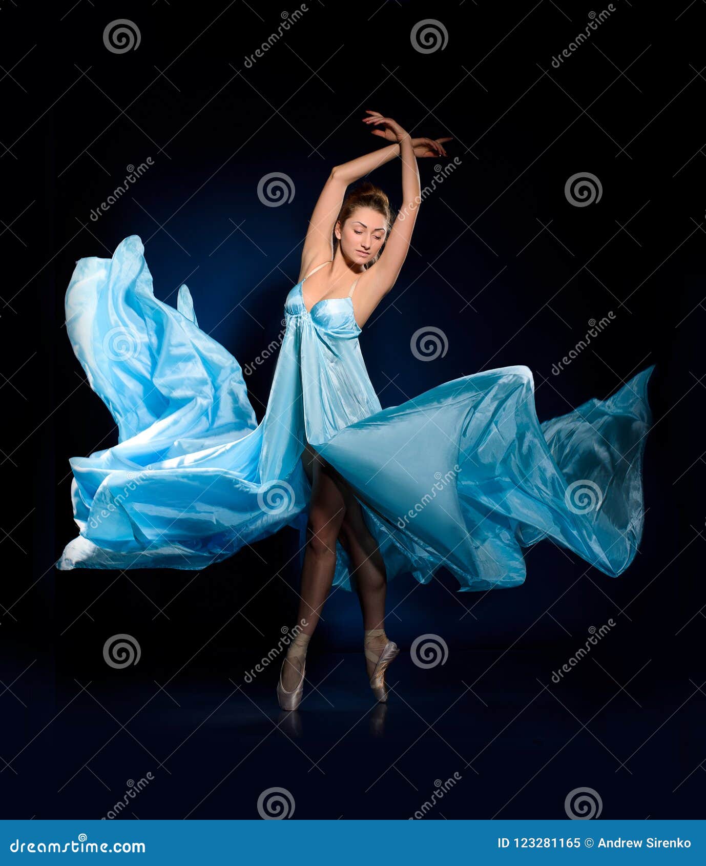 Ballerina in Blue Flying Dress Stock Image - Image of elegant, girl ...