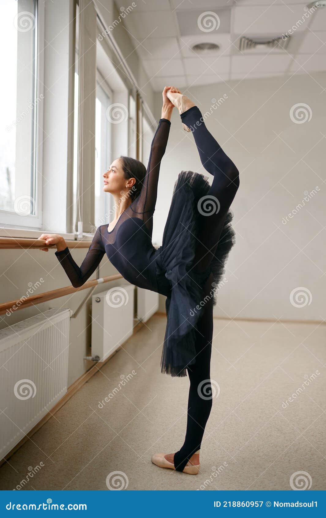 Ballerina Doing Stretching Exercise at Barre Stock Image - Image of ...