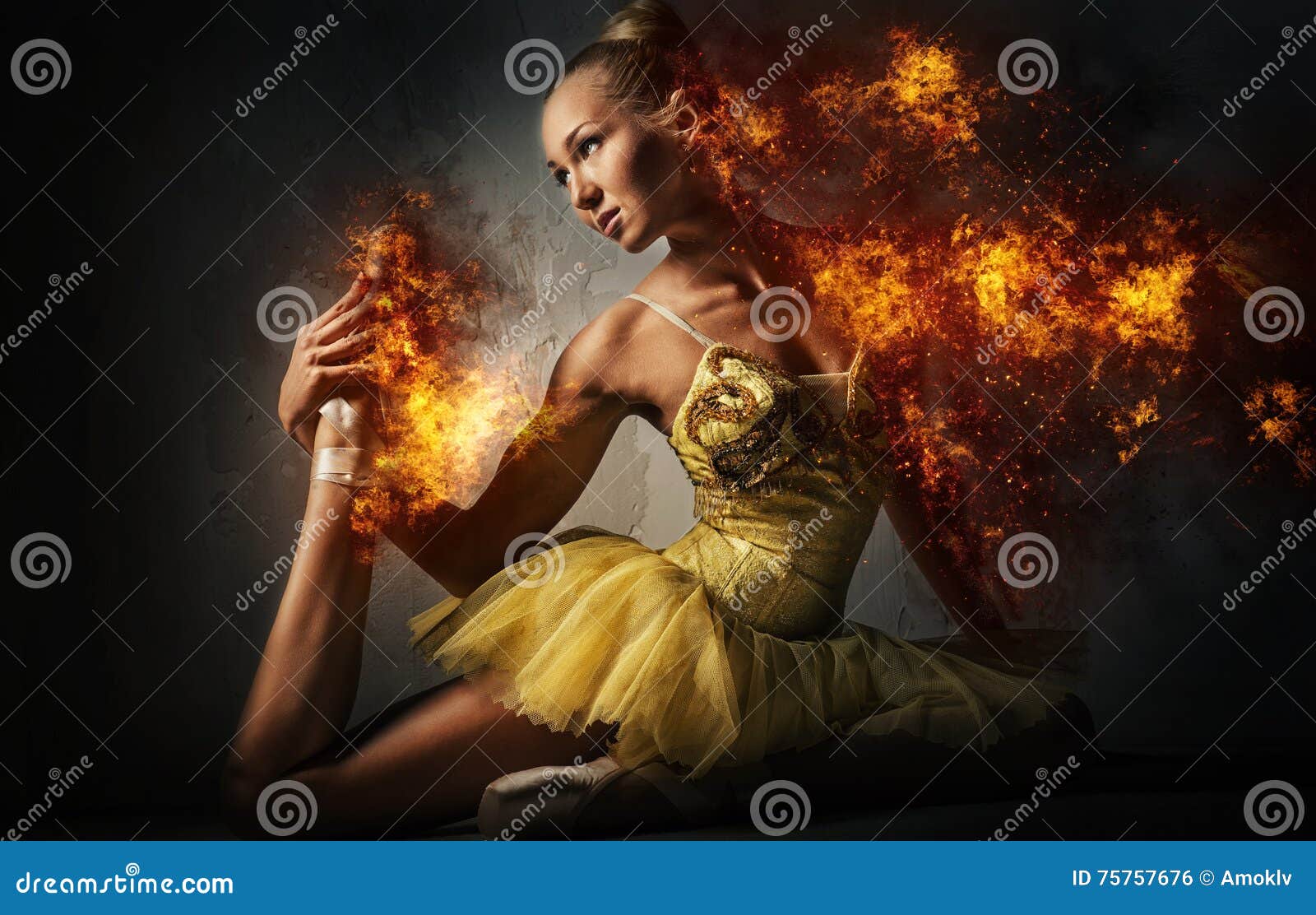 Ballerina in a fire stock illustration. Illustration of elements - 75757676