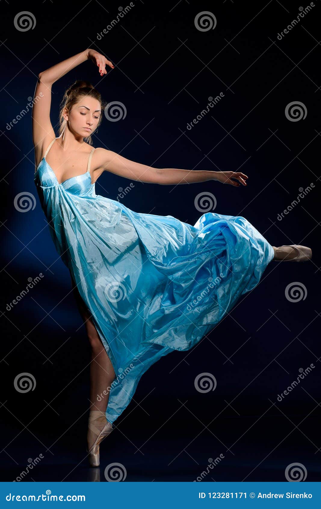 Ballerina Jumping, Flying in Blue Dress Stock Image - Image of beauty ...