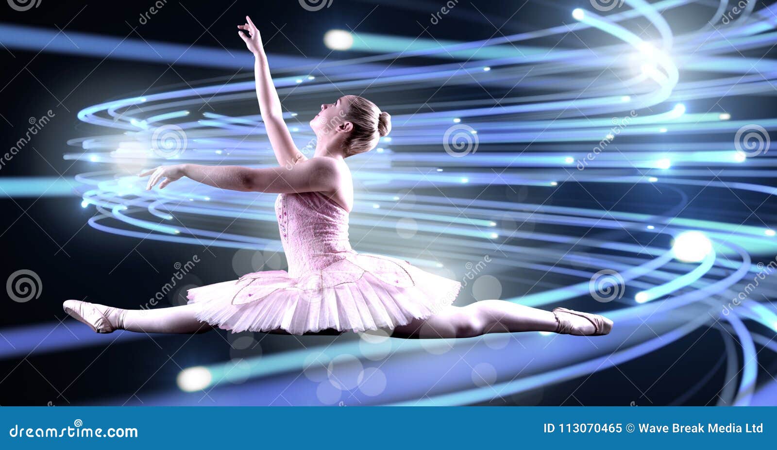 Ballet Dancer Dancing with Curving Lines of Light Glowing Stock Image ...