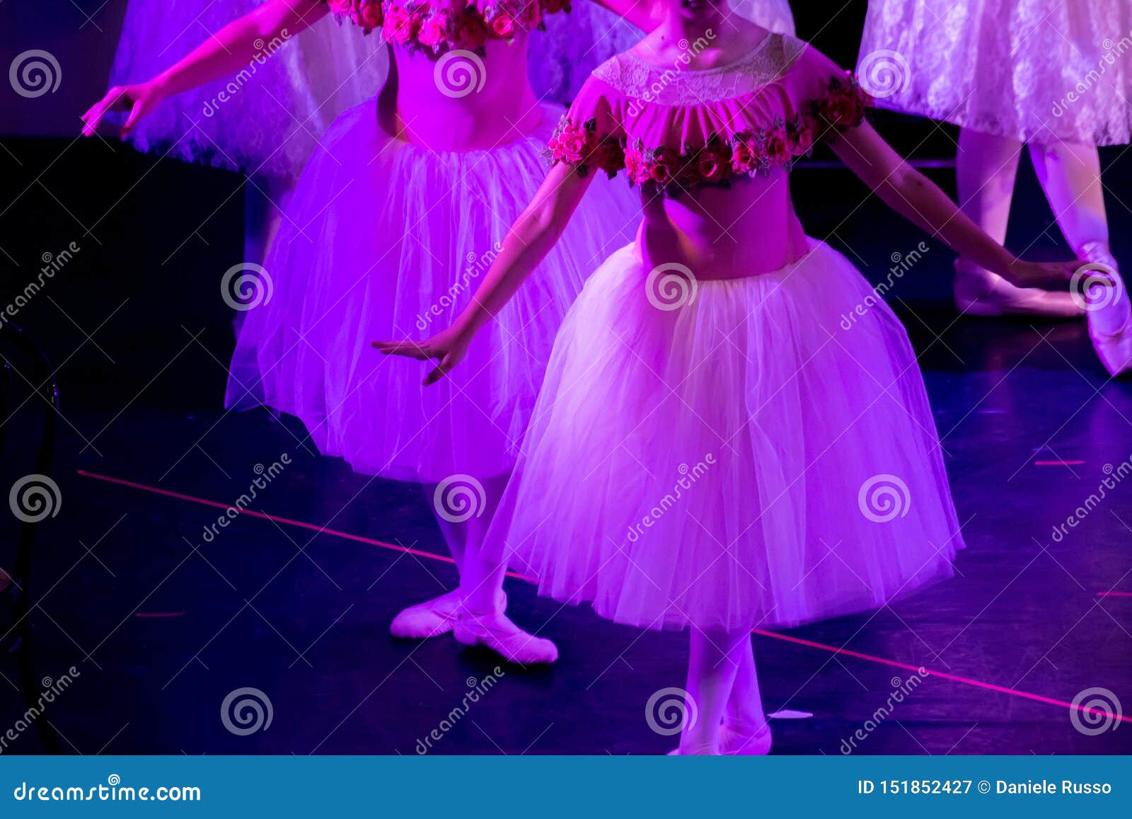 Ballet Dancers Under Purple Light with Classical Dresses Performing a ...