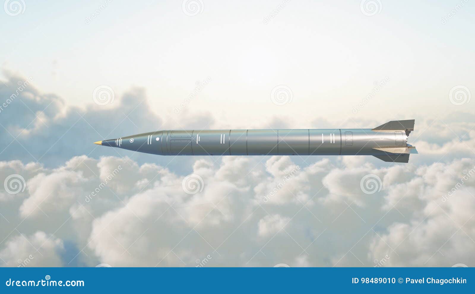 Ballistic Nuclear Rocket Flying Over Clouds. War and Military Concept ...