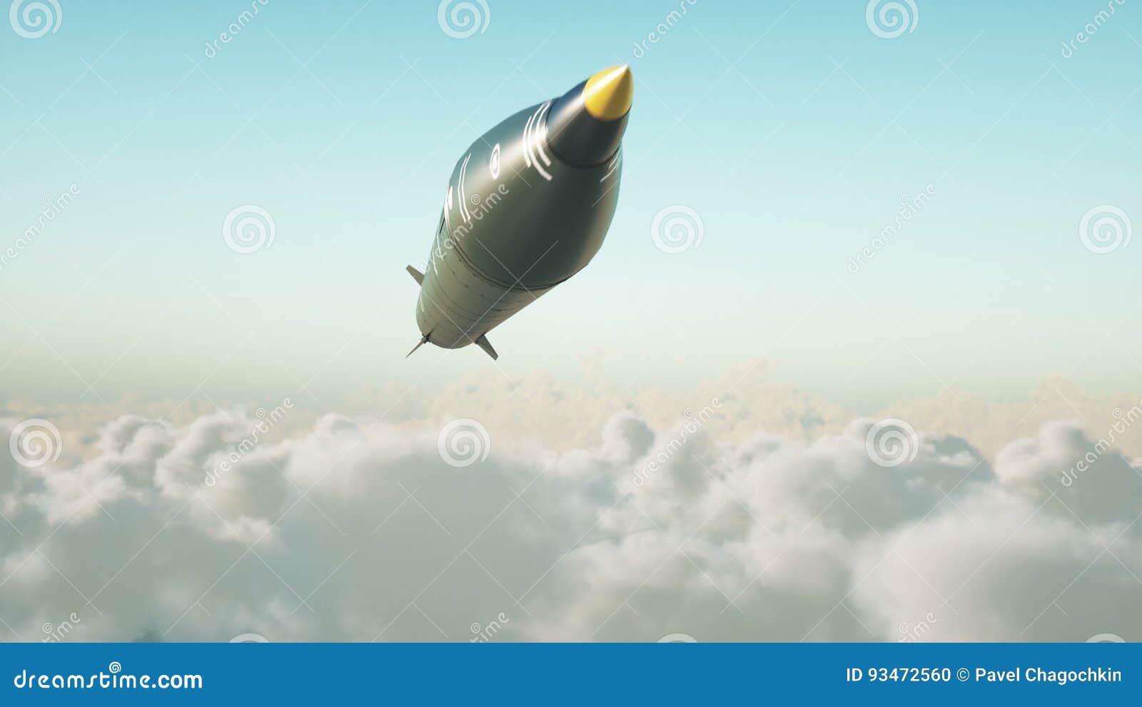 Ballistic Nuclear Rocket Flying Over Clouds. War and Military Concept ...