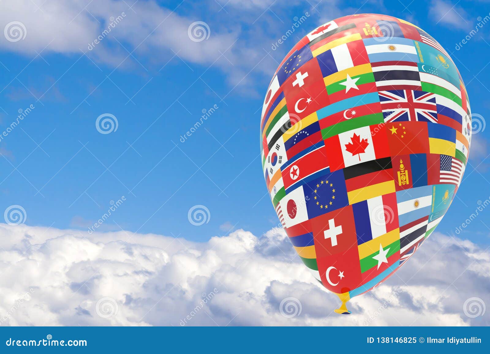 Balloon with Flags of Different Countries in the Blue Sky. 3D-render ...