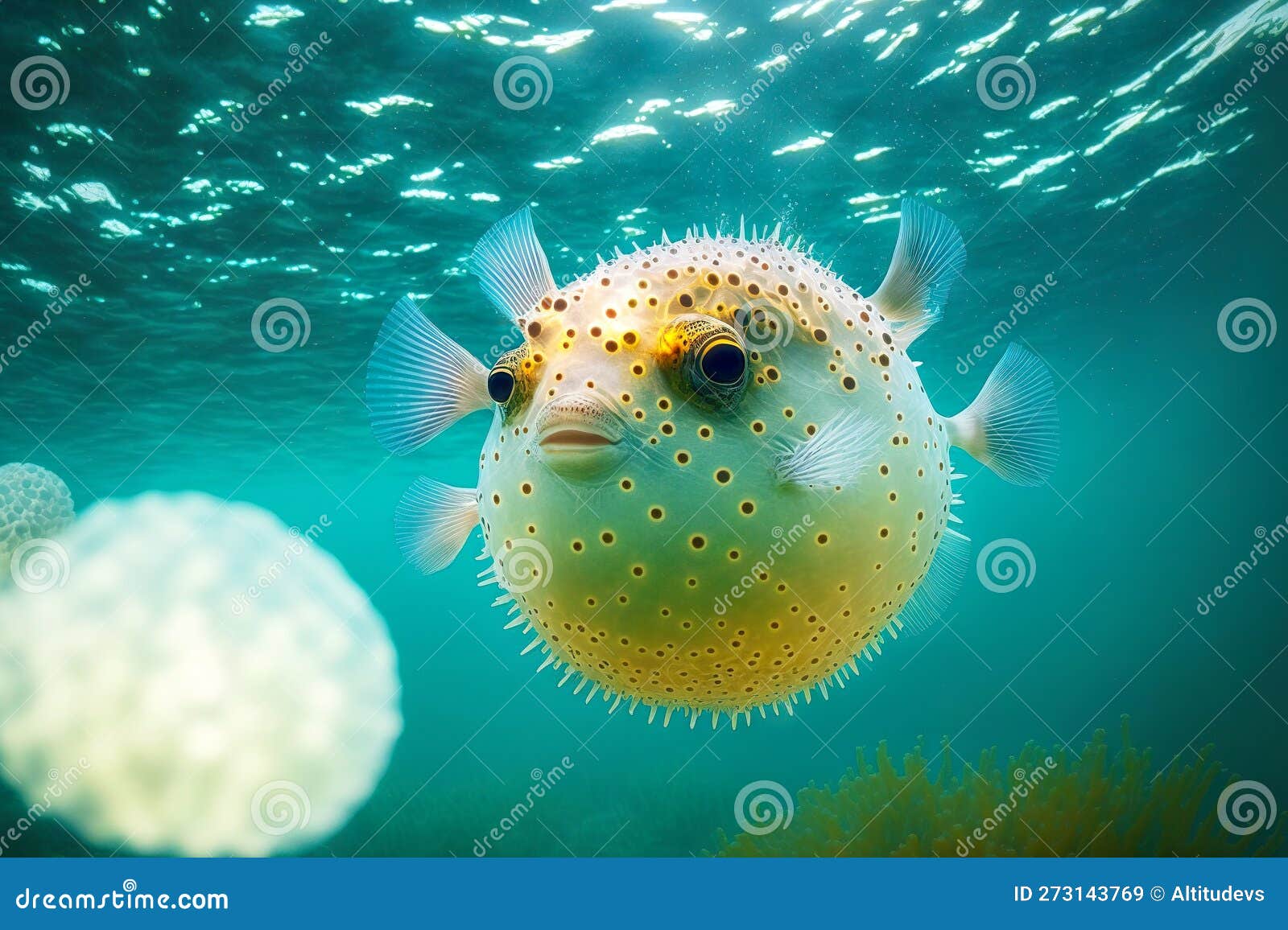 Balloon-like Puffer Fish with Sharp Spikes in Illuminated Water Stock ...