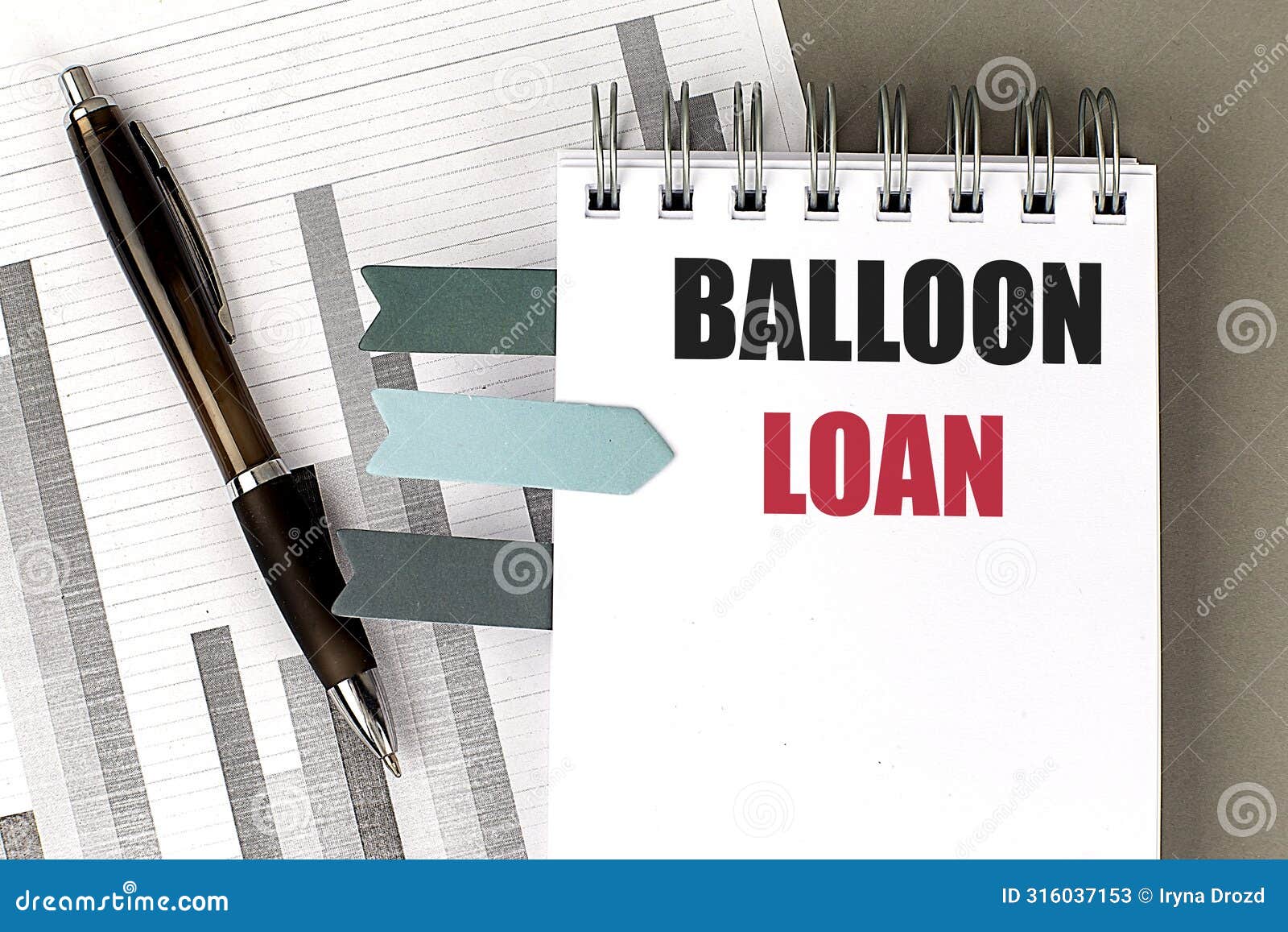 BALLOON LOAN Text on Notebook with Chart on Gray Background Stock Image ...