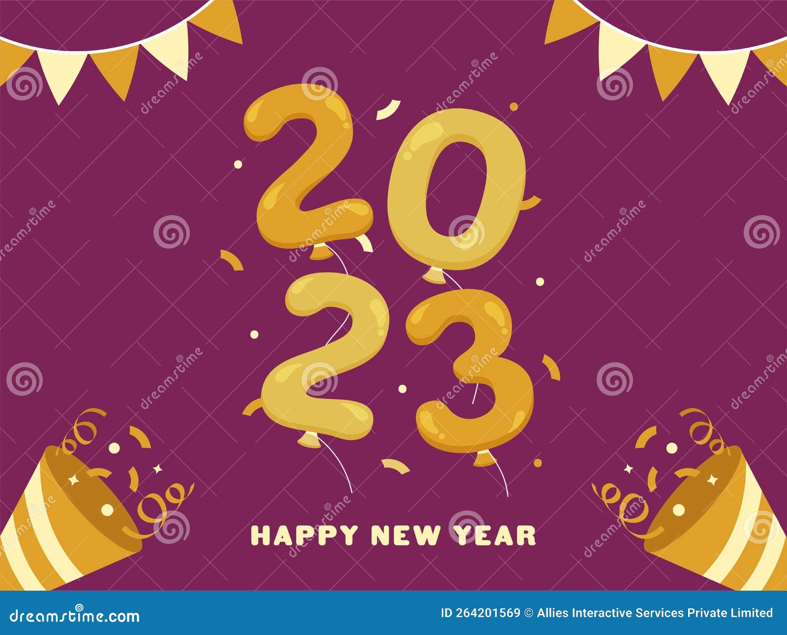 Balloon Number of 2023 with Exploding Party Popper and Bunting Flags on ...