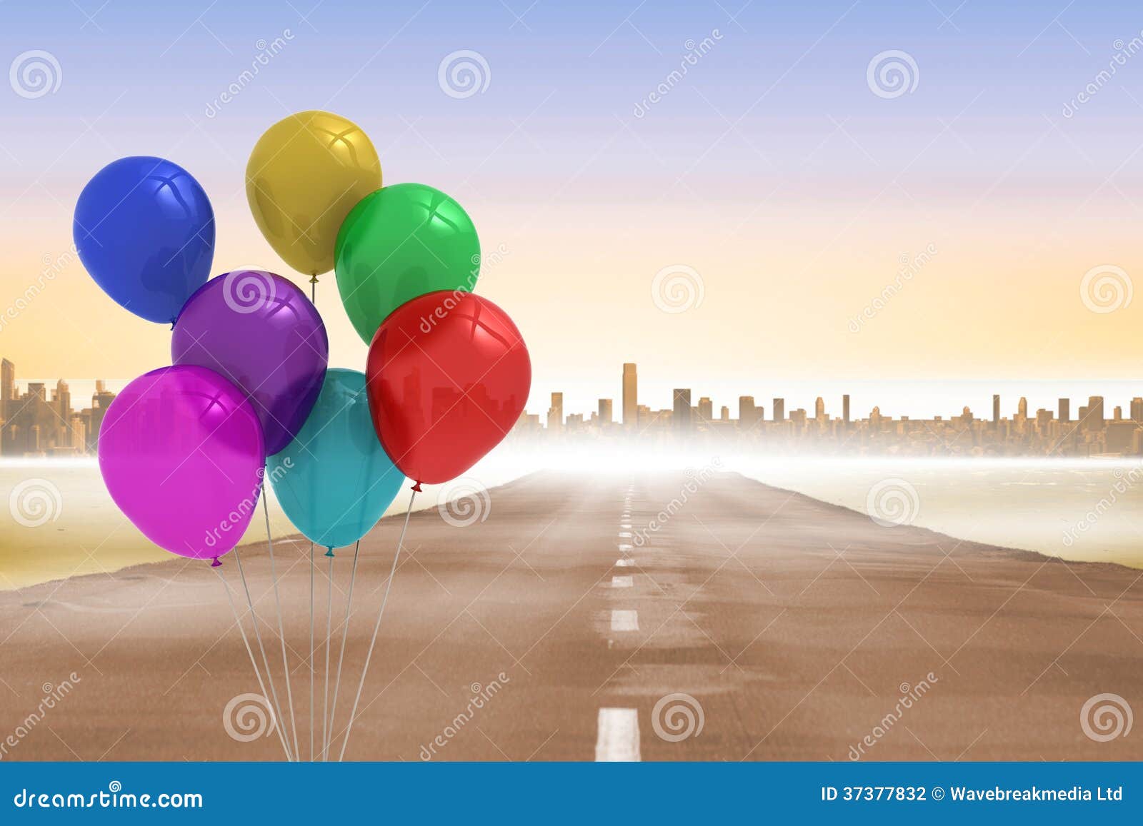 Balloons above a road stock illustration. Illustration of road - 37377832