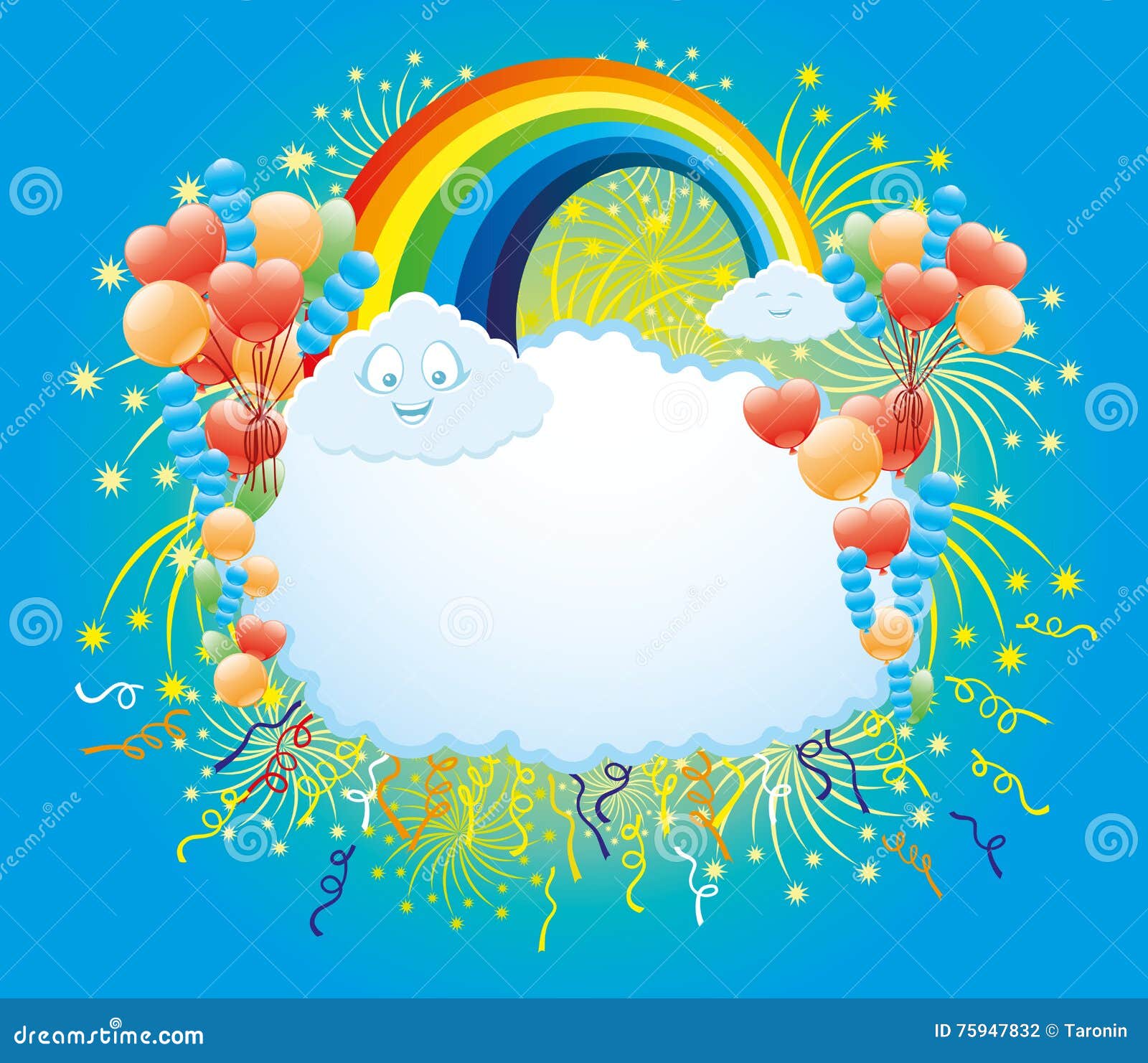 Balloons, Confetti, Firework, Rainbow and Clouds. Stock Vector ...