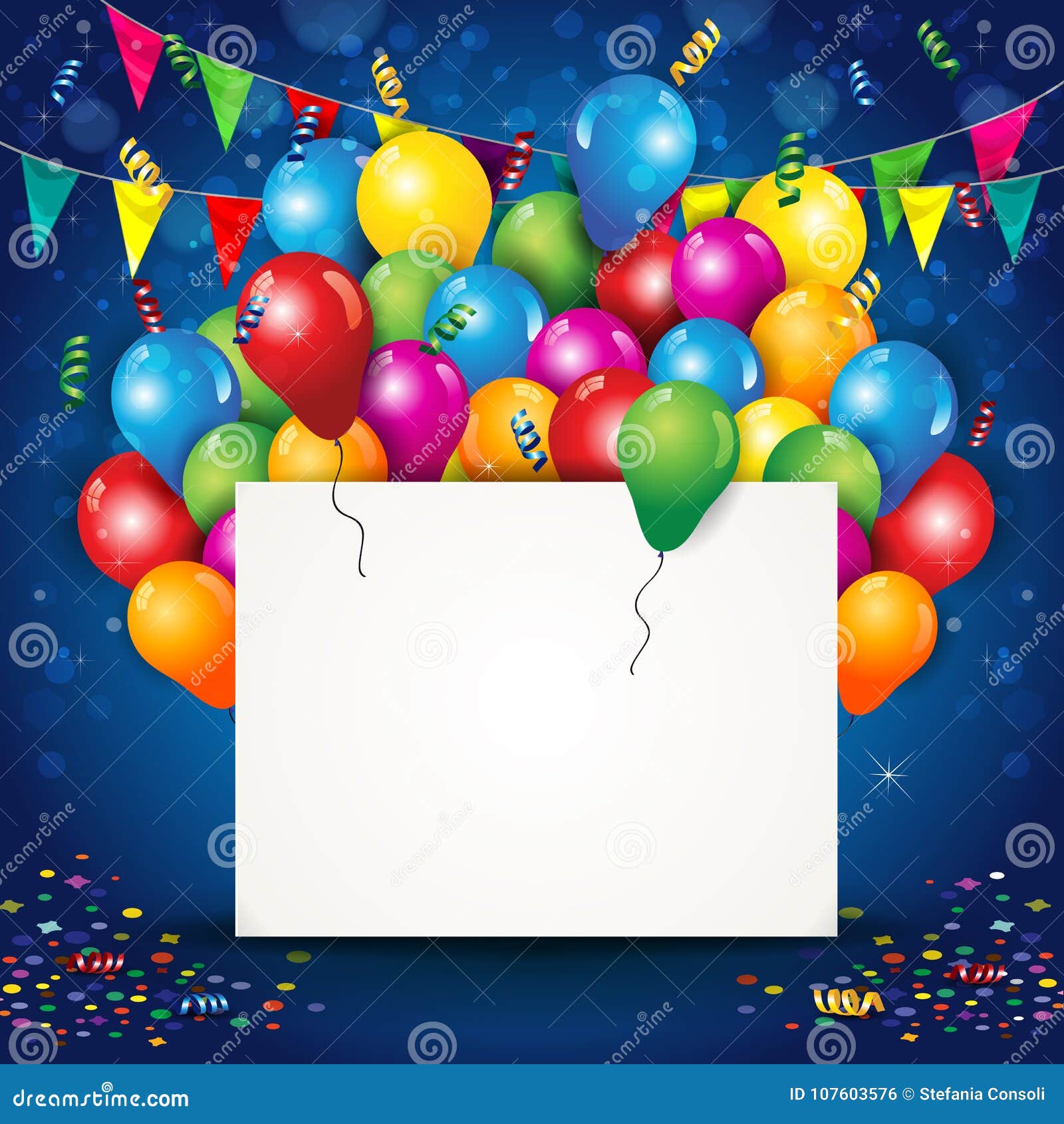 Balloons and Confetti with Ticket and Flags Stock Illustration ...