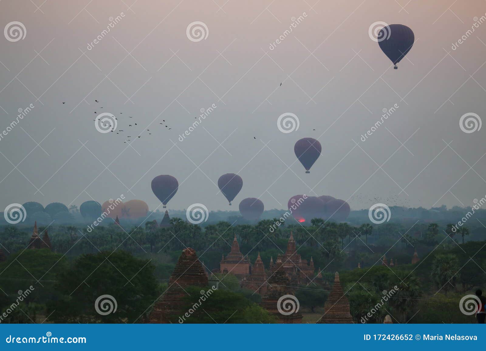 Balloons Flying Over the Ancient Pagodas Stock Photo - Image of ...