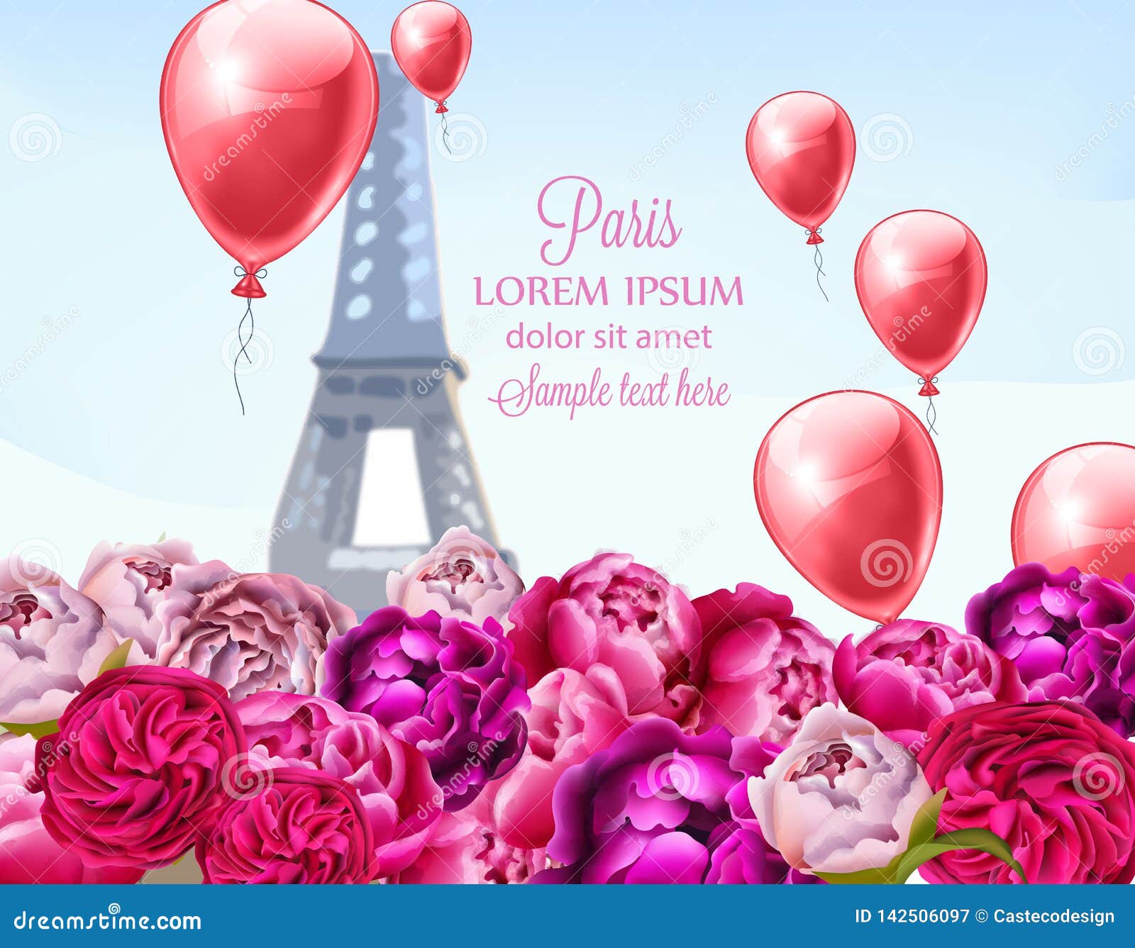 Balloons and Peony Flowers in Paris Vector. Romantic Card Spring Times ...