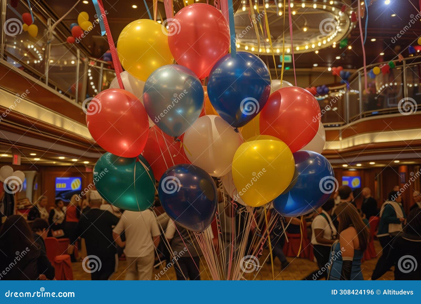Balloons and Streamers Decorating Ships Main Hall, People Mingling ...