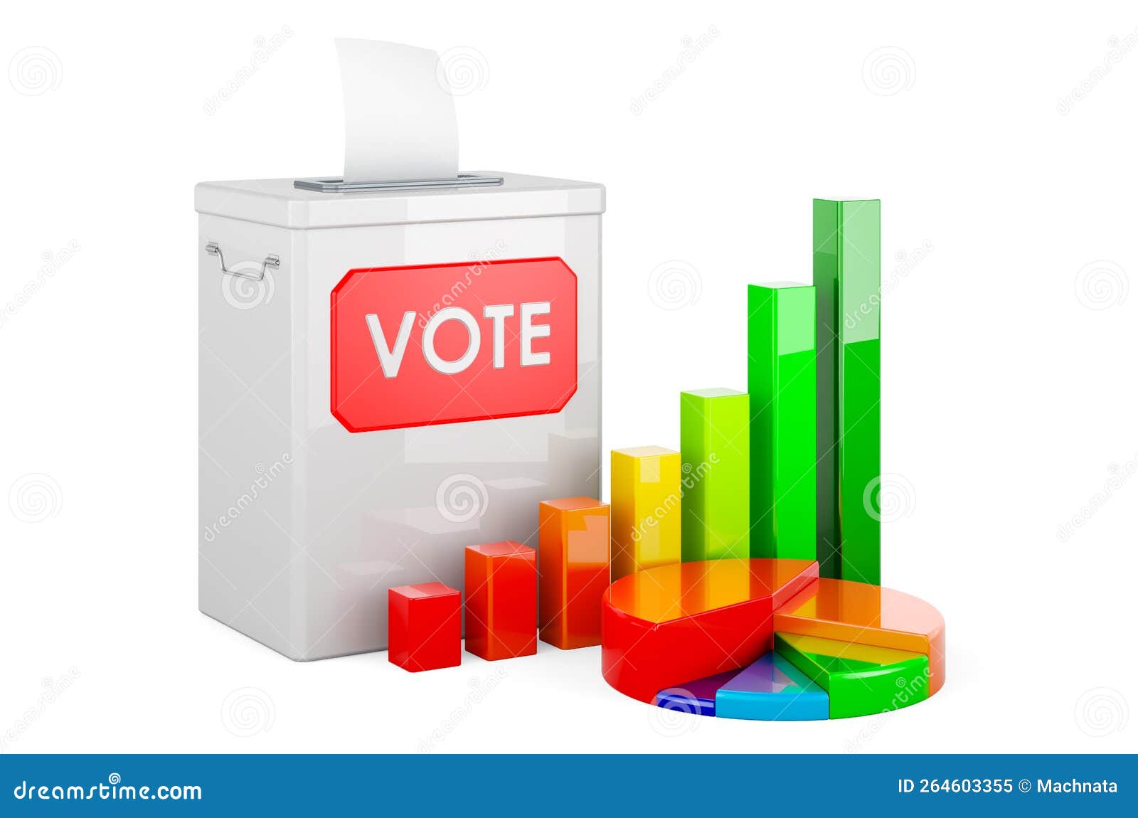 Ballot Box with Growth Bar Graph and Pie Chart, 3D Rendering Stock ...