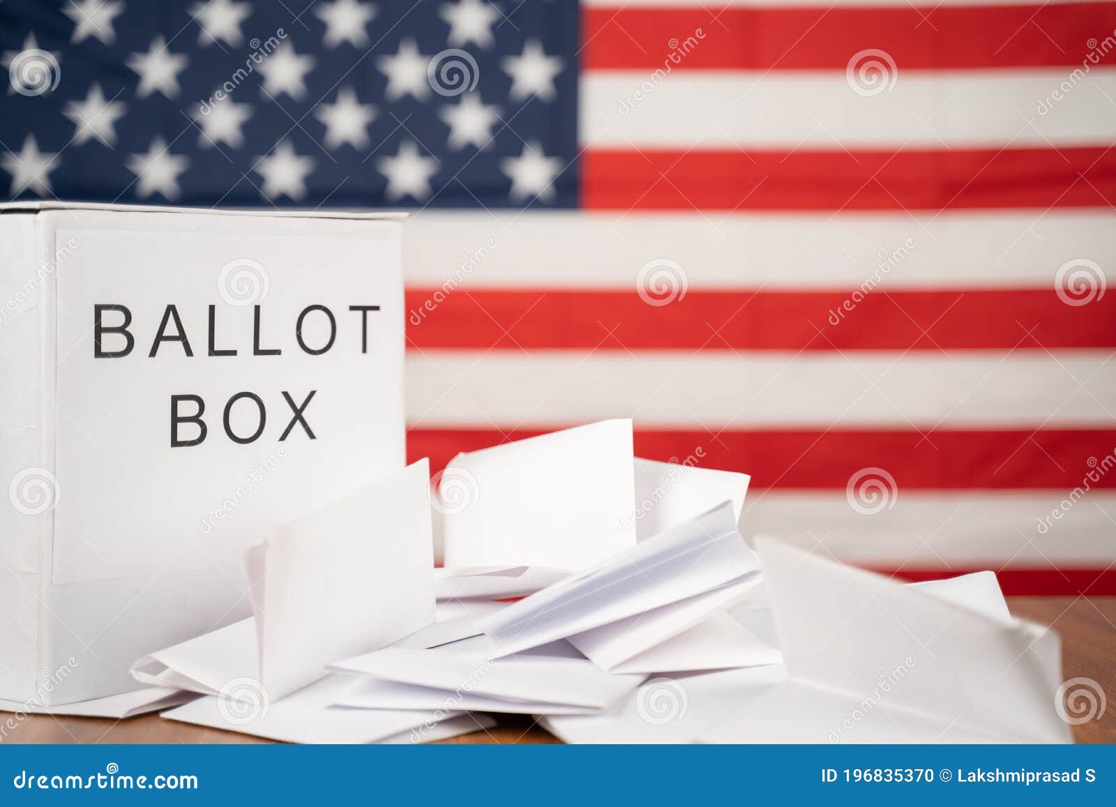 Ballot Box with Votes on Table before Counting with US Flag As ...
