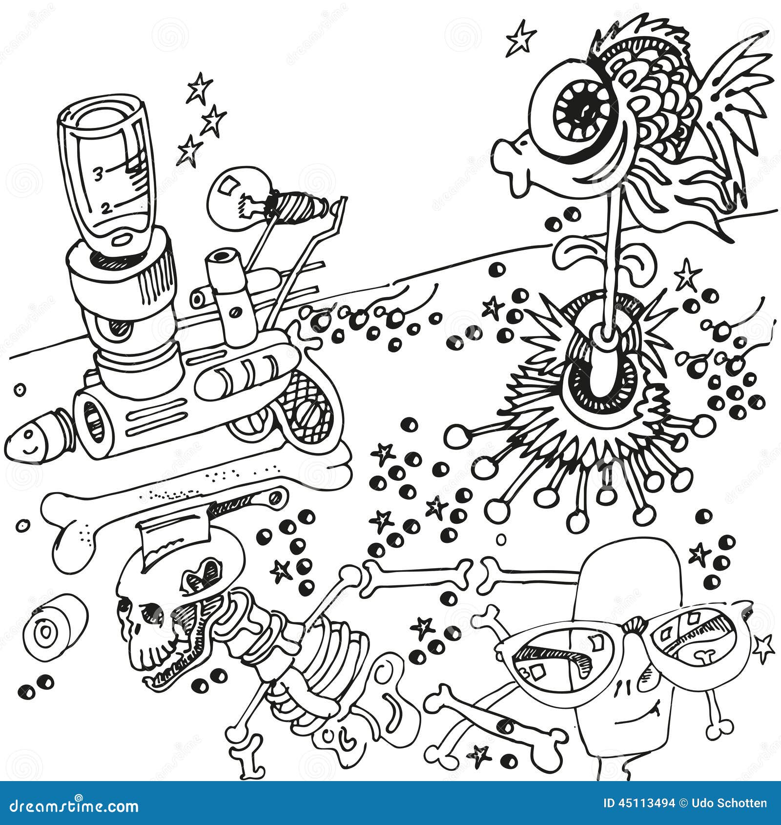 Ballpoint Pen Drawing With Gun And Fish Vector Illustration ...