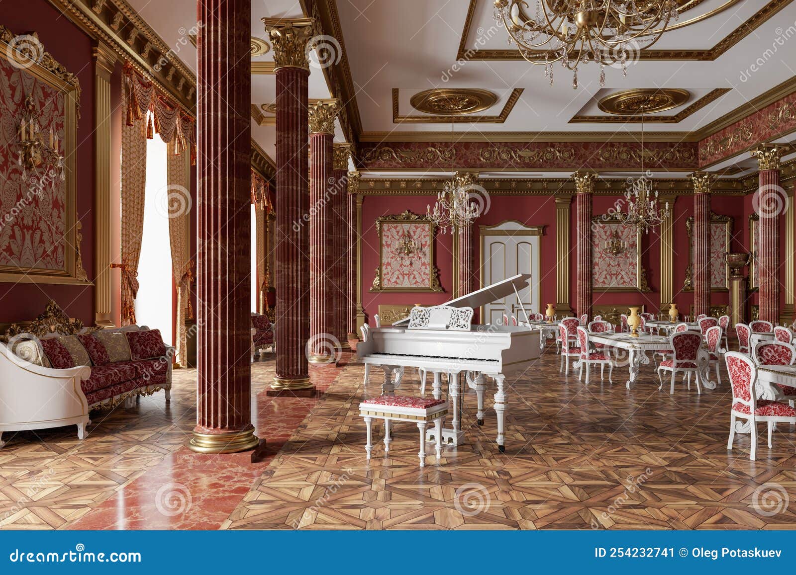 The Ballroom and Restaurant in Classic Style. 3D Render Stock ...