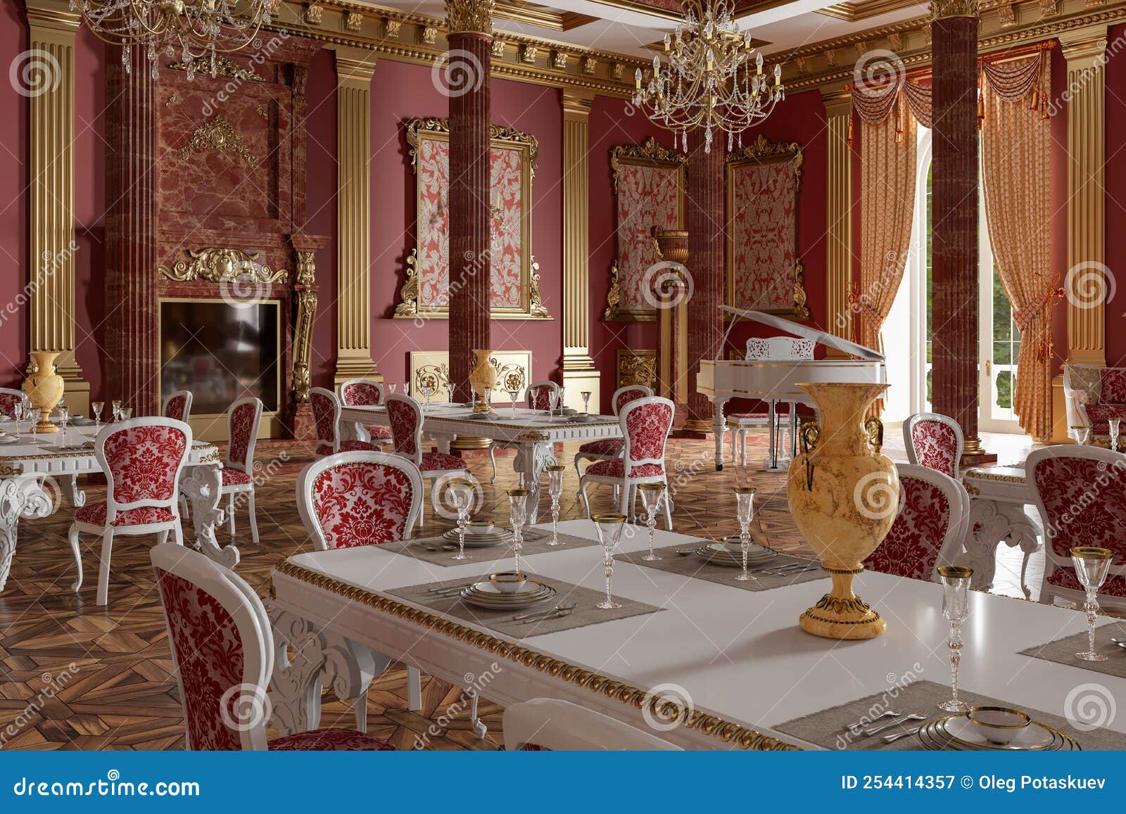 The Ballroom and Restaurant in Classic Style. 3D Render Stock ...