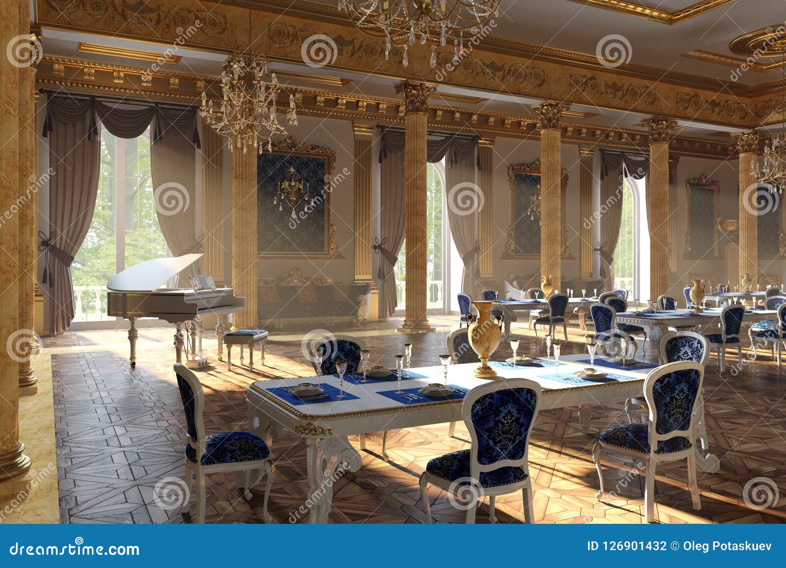 The Ballroom and Restaurant in Classic Style. 3D Render. Stock Photo ...