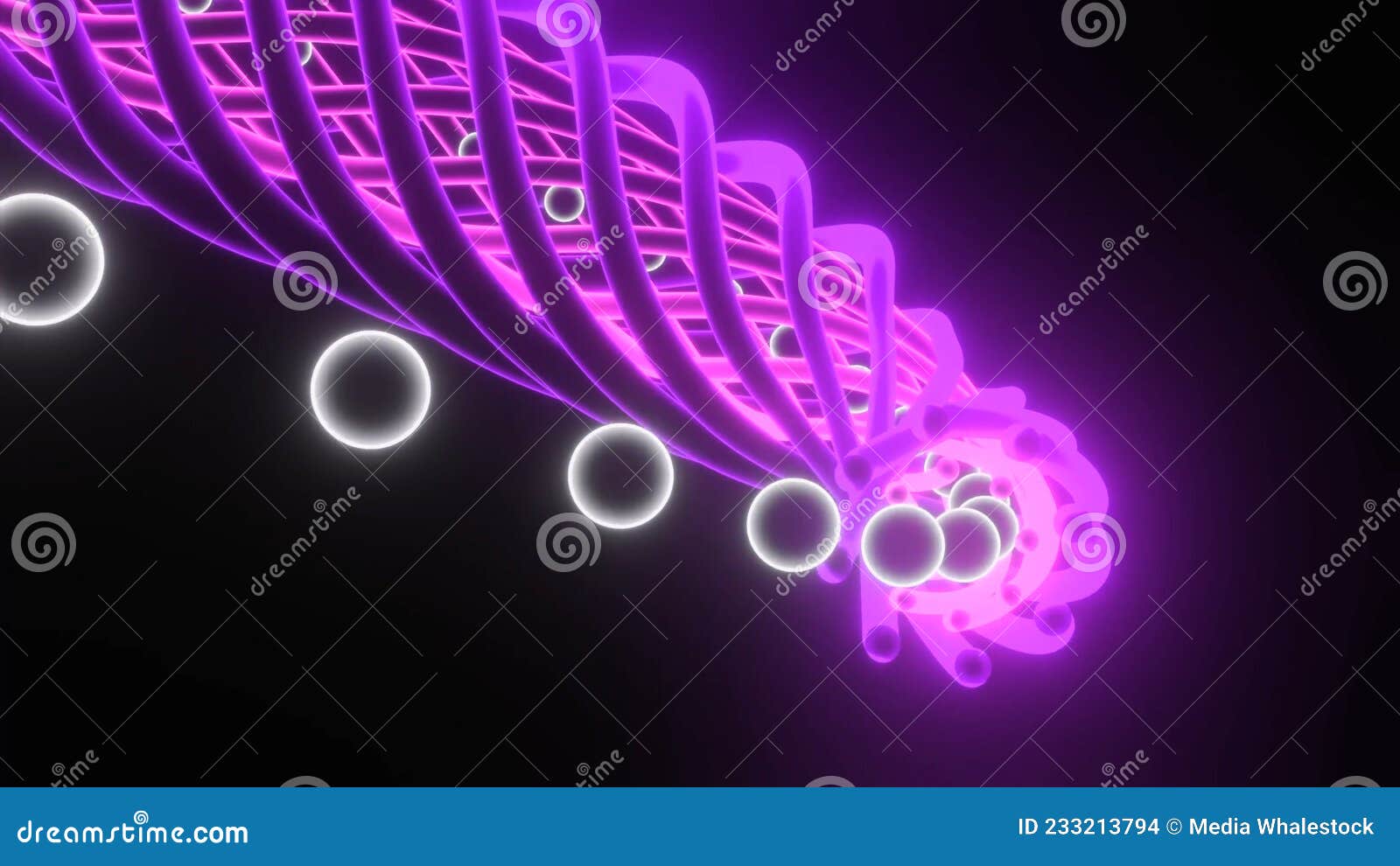 Balls are Moving in Spiral. Design. Glowing Balls Move in Line in Neon ...