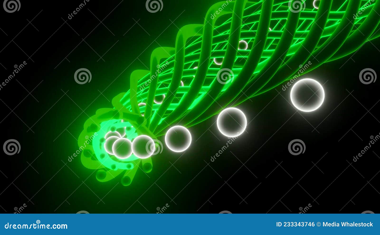 Balls are Moving in Spiral. Design. Glowing Balls Move in Line in Neon ...