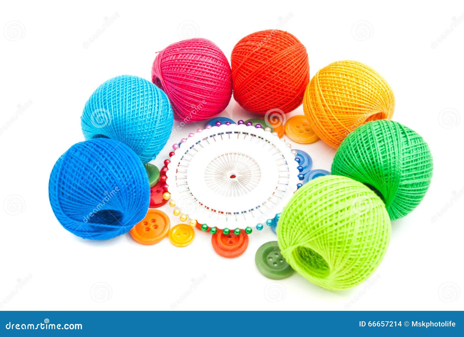 Balls of Yarn, Colored Pins and Buttons Stock Photo - Image of spool ...