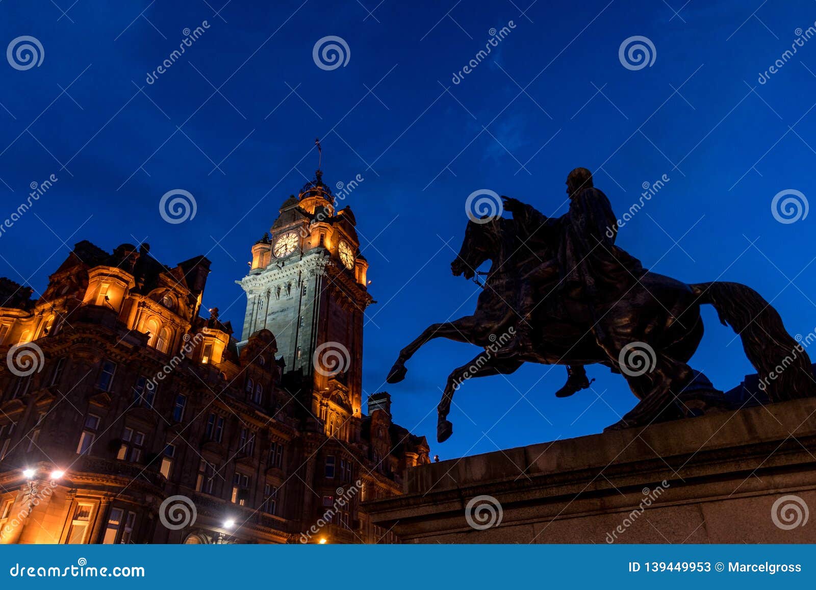 The Balmoral with Rider Statue at Blue Hour in Edinburgh Stock Image ...