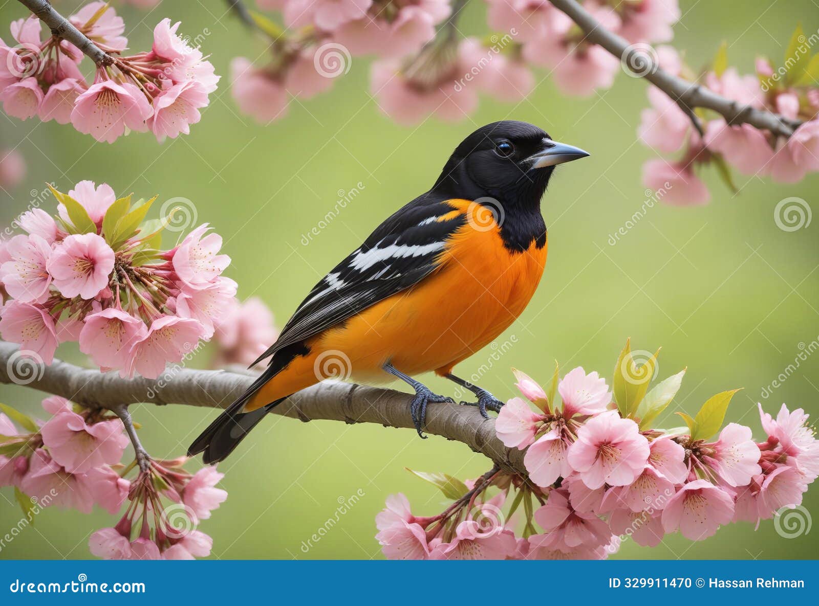 A Baltimore Oriole Icterus Galbula Perched On A Blooming Cherry Tree ...