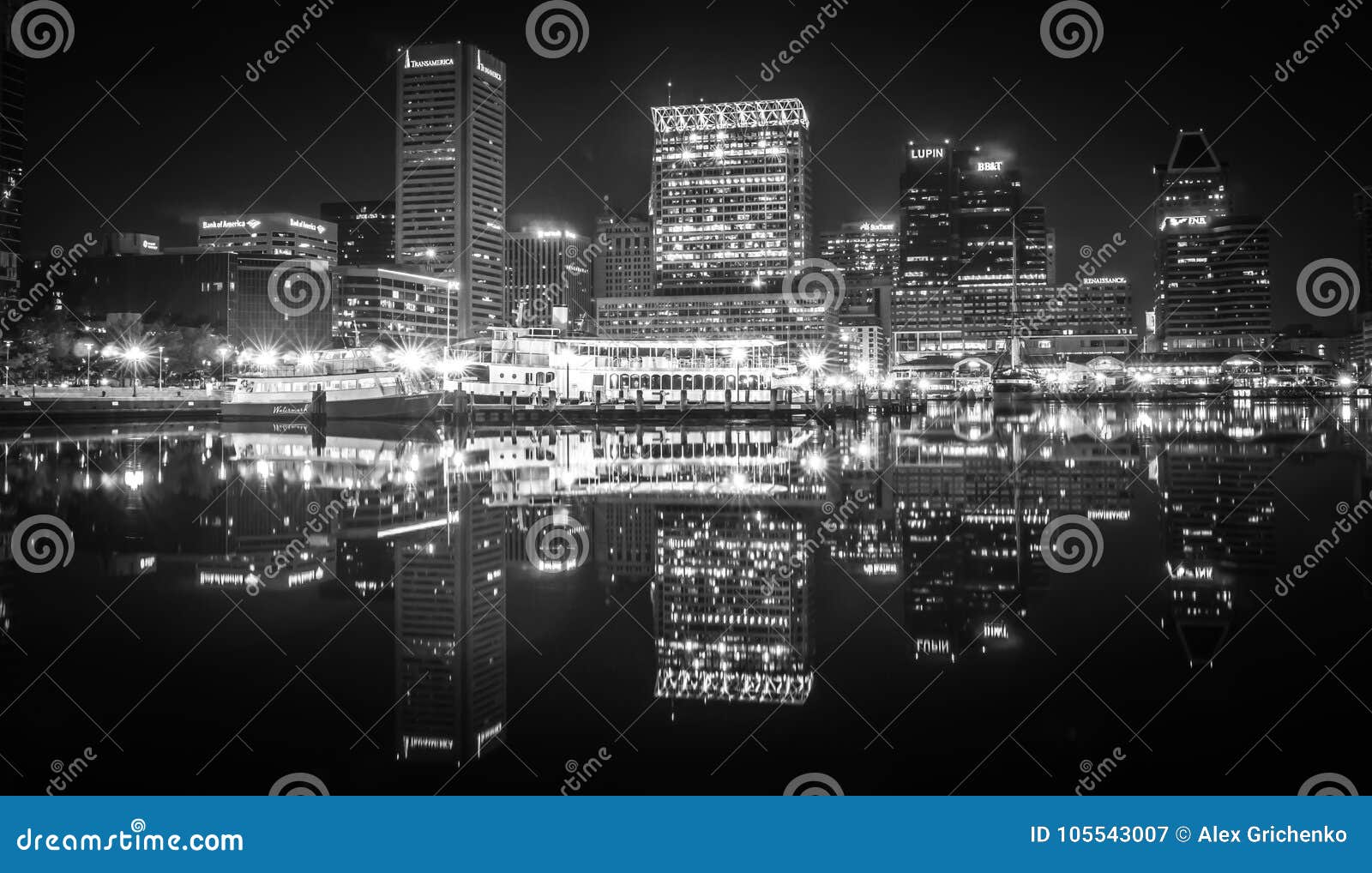 Baltimore Skyline and Docks Reflecting in the Water at Night Editorial ...