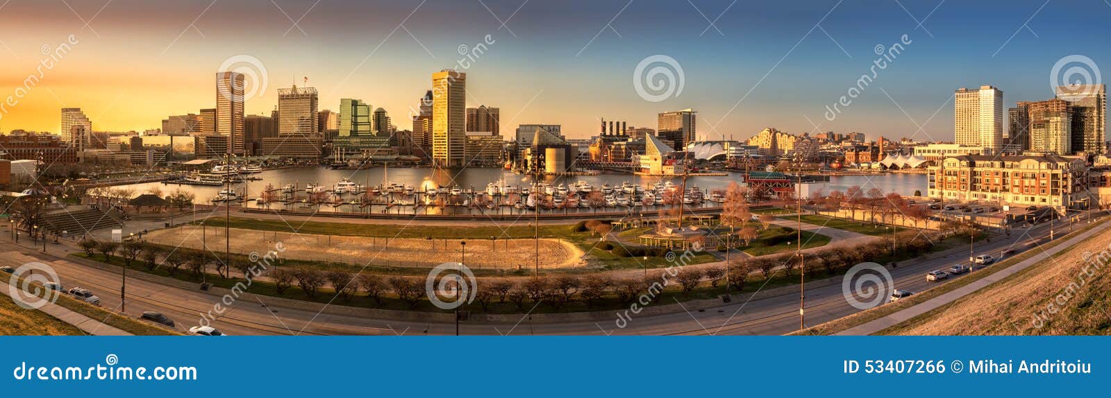 Baltimore Skyline Panorama at Sunset Stock Photo - Image of highrise ...