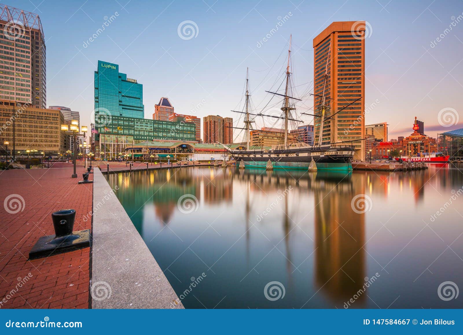 The Baltimore Skyline and USS Constellation, at the Inner Harbor, in ...