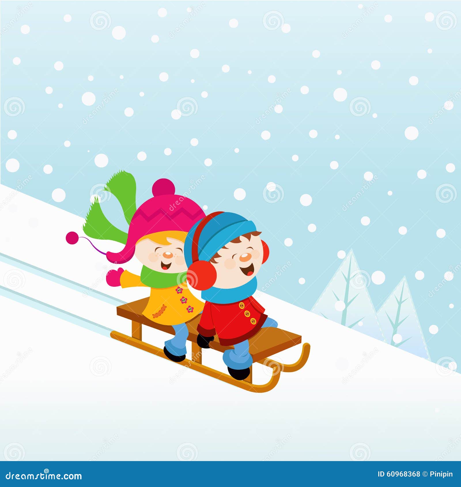 Bambini sulla slitta illustrazione vettoriale. Illustrazione di collina ...