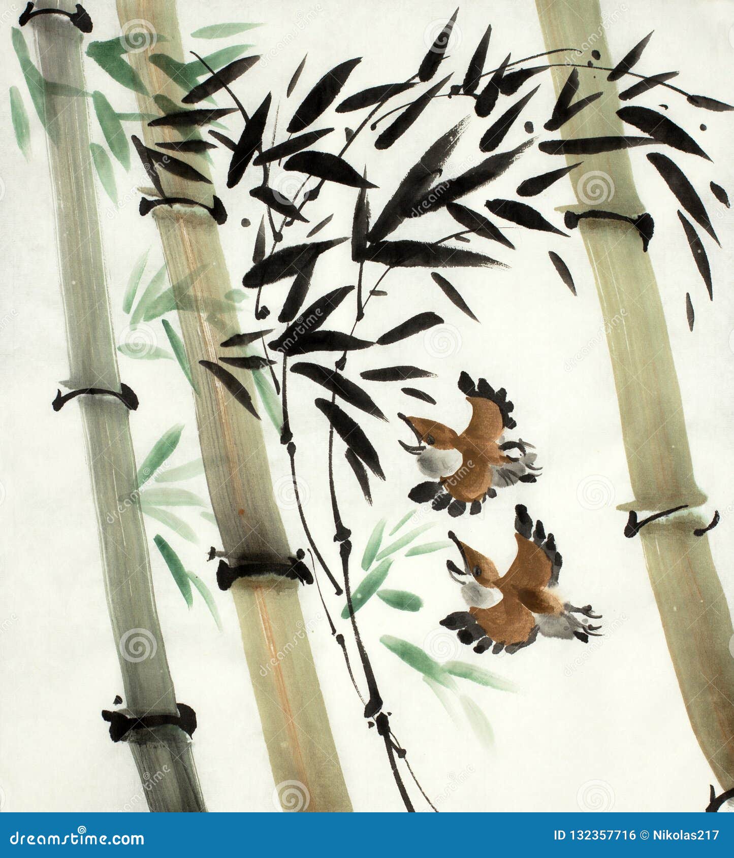 Bamboo and birds stock illustration. Illustration of design - 132357716